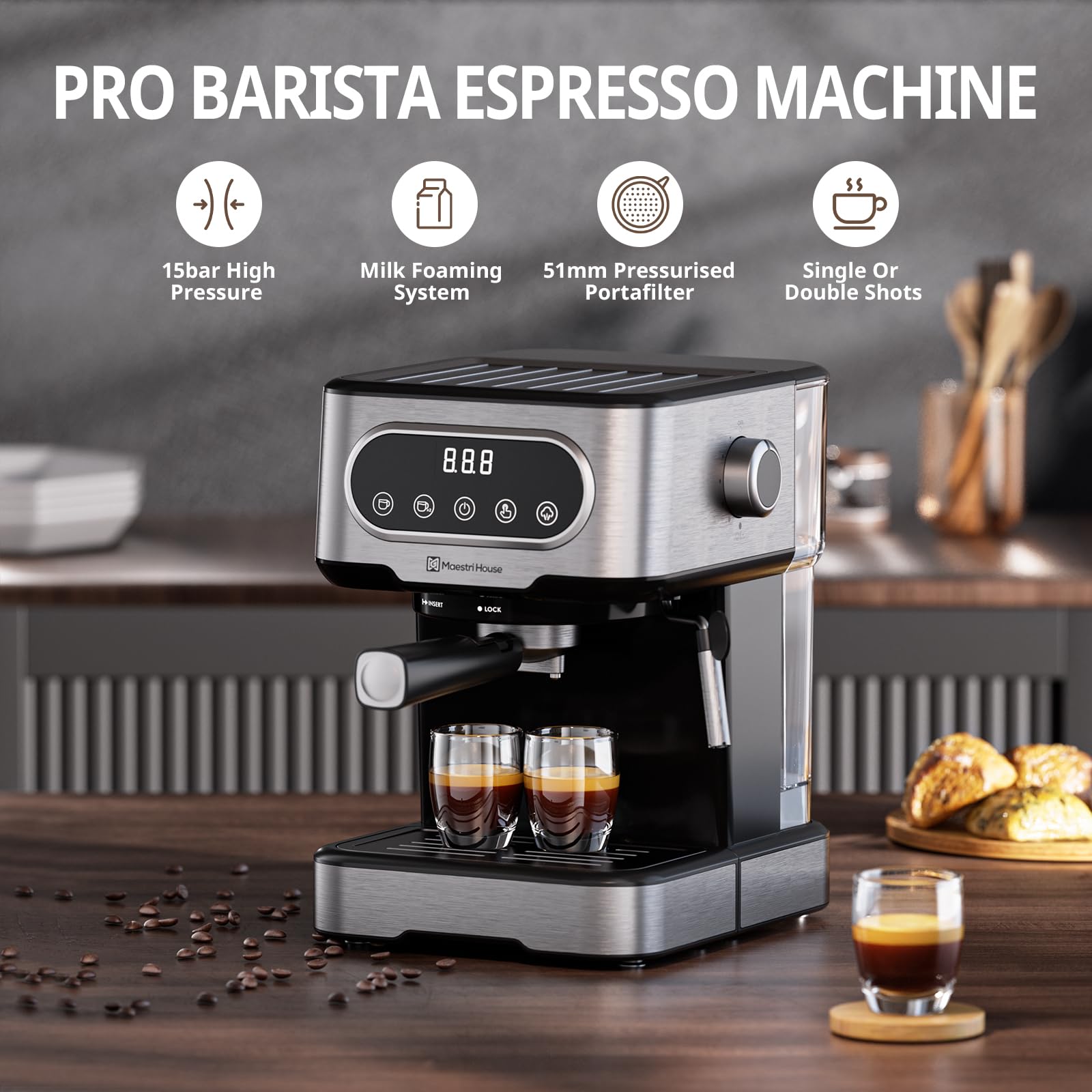 Maestri House Espresso Machine, Espresso Coffee Maker with Milk Frother Steam Wand, Barista Espresso Coffee Machine with Digital Touch Panel for Cappuccino Latte