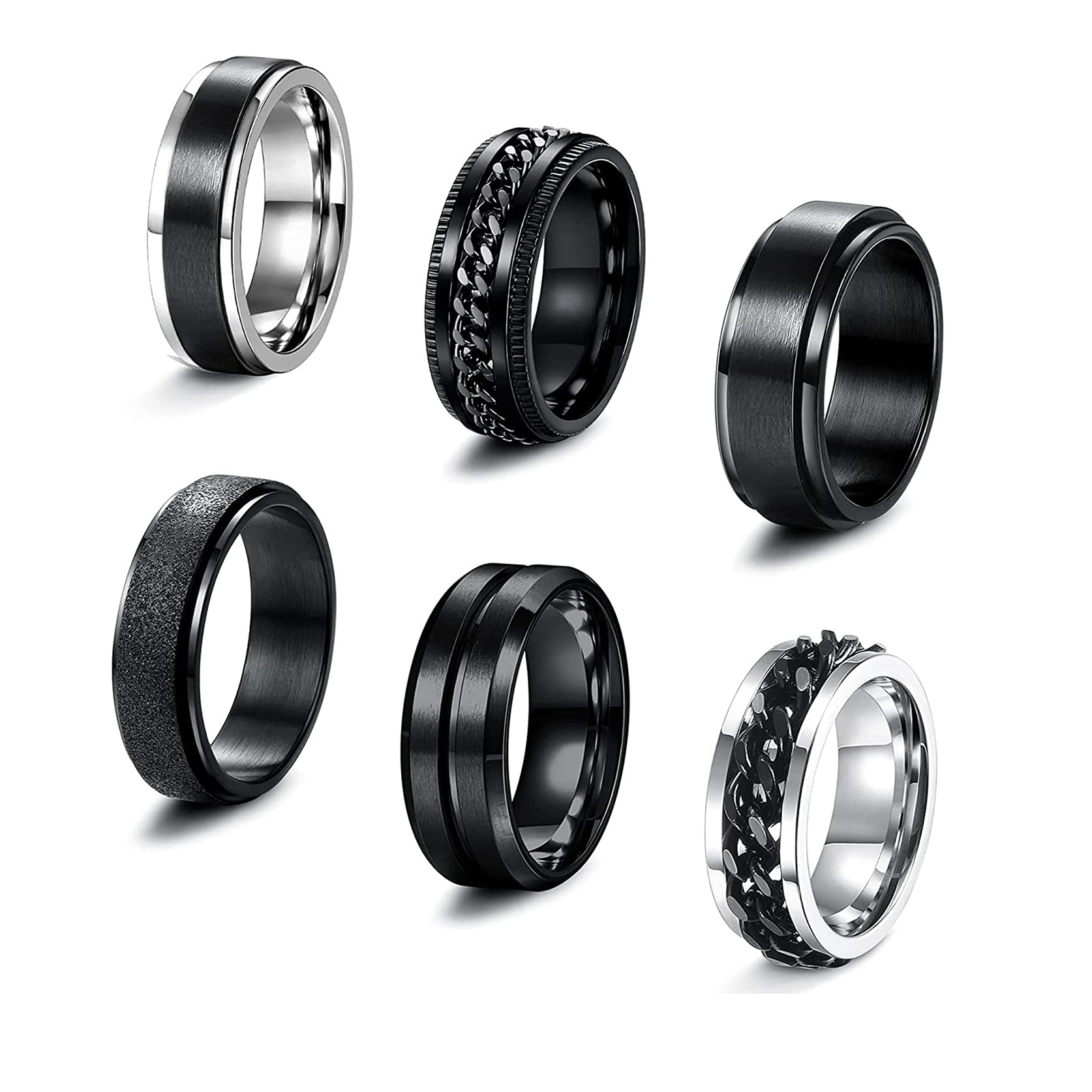 SAILIMUE 6 Pcs 6/8 MM Black Spinner Rings for Men Women Stainless Steel Fidget Ring Anxiety Stress Relieving Cool Chain Fashion Ring Set Wedding Promise Band Rings Size 9