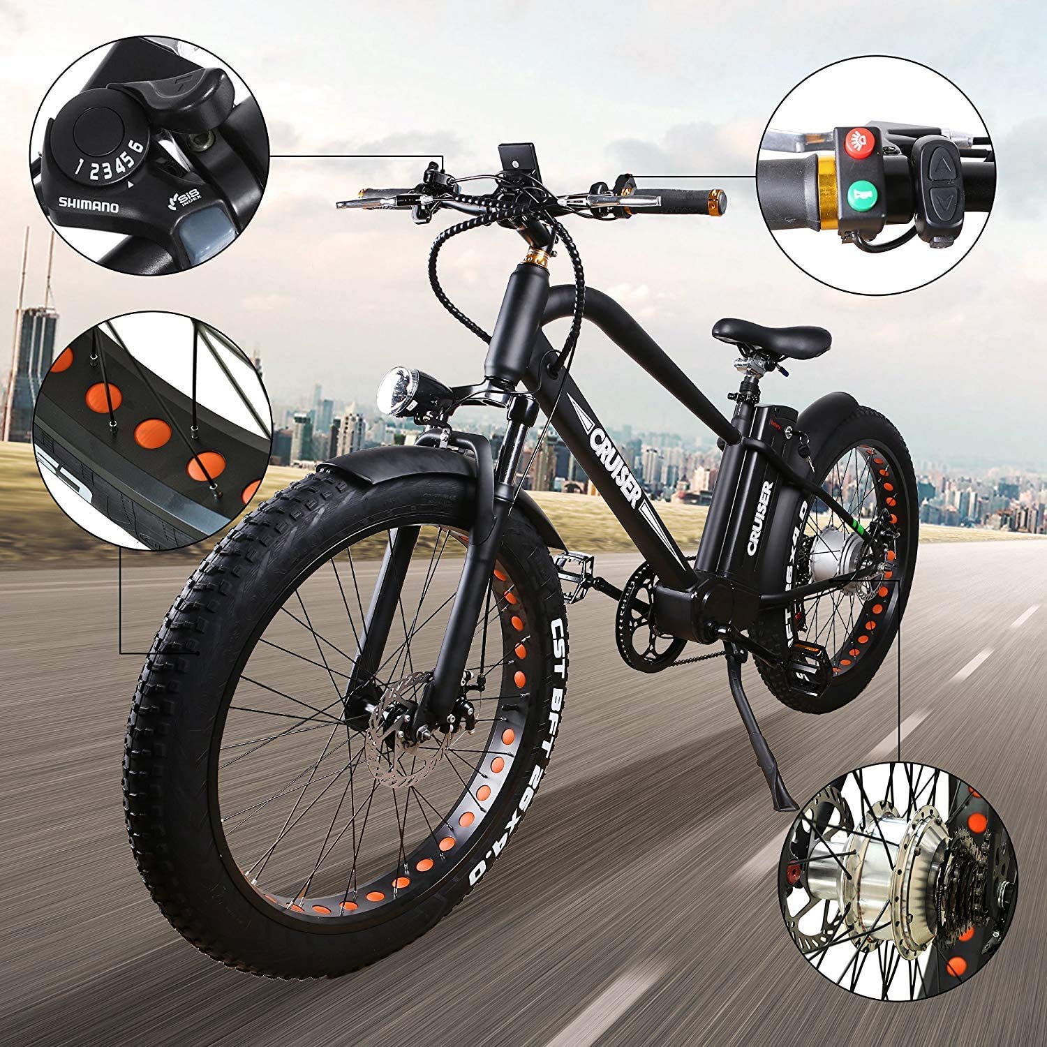 NAKTTO 26" 500W Electric Bicycle Fat Tire Mountain EBike 6 Speeds Gear Removable 48V12A Lithium Battery Smart Multi Function LED Display - with 48V12A Lithium Battery