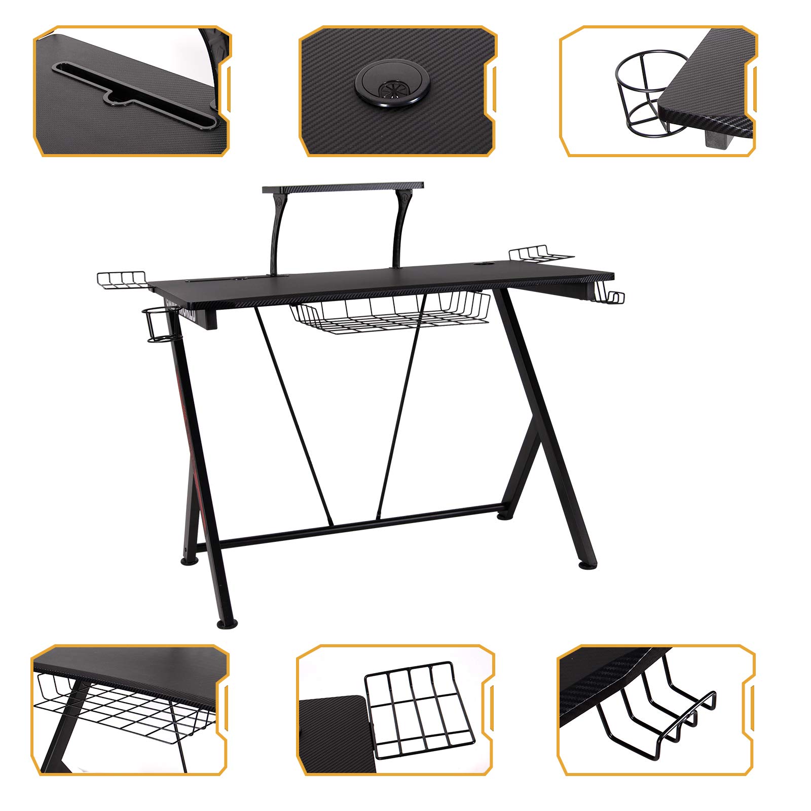 Polar Aurora Y-Shaped Gaming Desk 41.6" W x 24" D Home Office Computer Table, Black Gamer Workstation with Monitor Stand, a Cup and Headphone Hook, Cable Management Hole and a Under-Desk Basket(RED)
