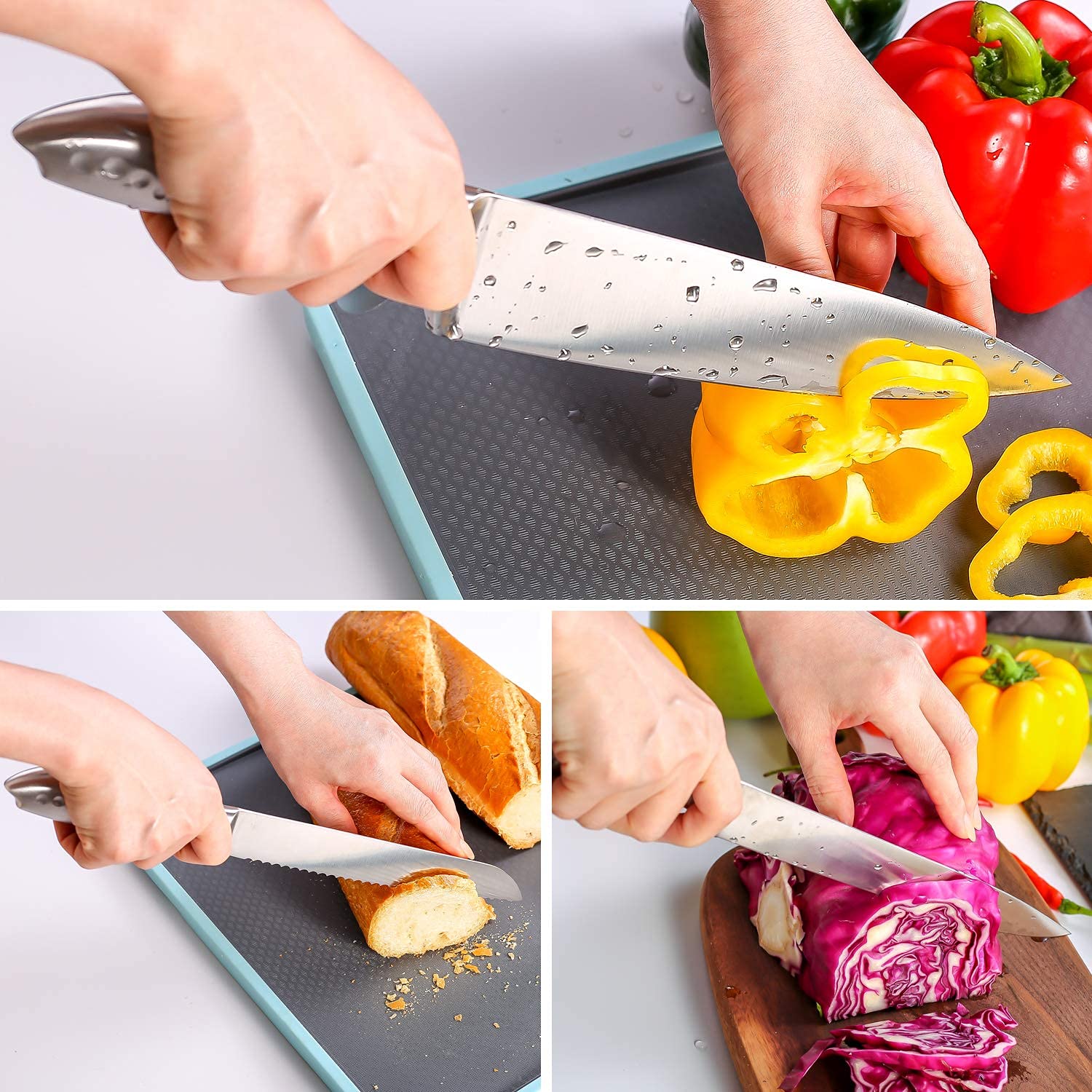WELLSTAR Sharp Kitchen Knives 5 Piece Set, Chef Carving Bread Utility Paring Knife + Come Apart Heavy Duty Chicken Meat Scissors Shears with German Stainless Steel Blade + Universal Knife Block Holder