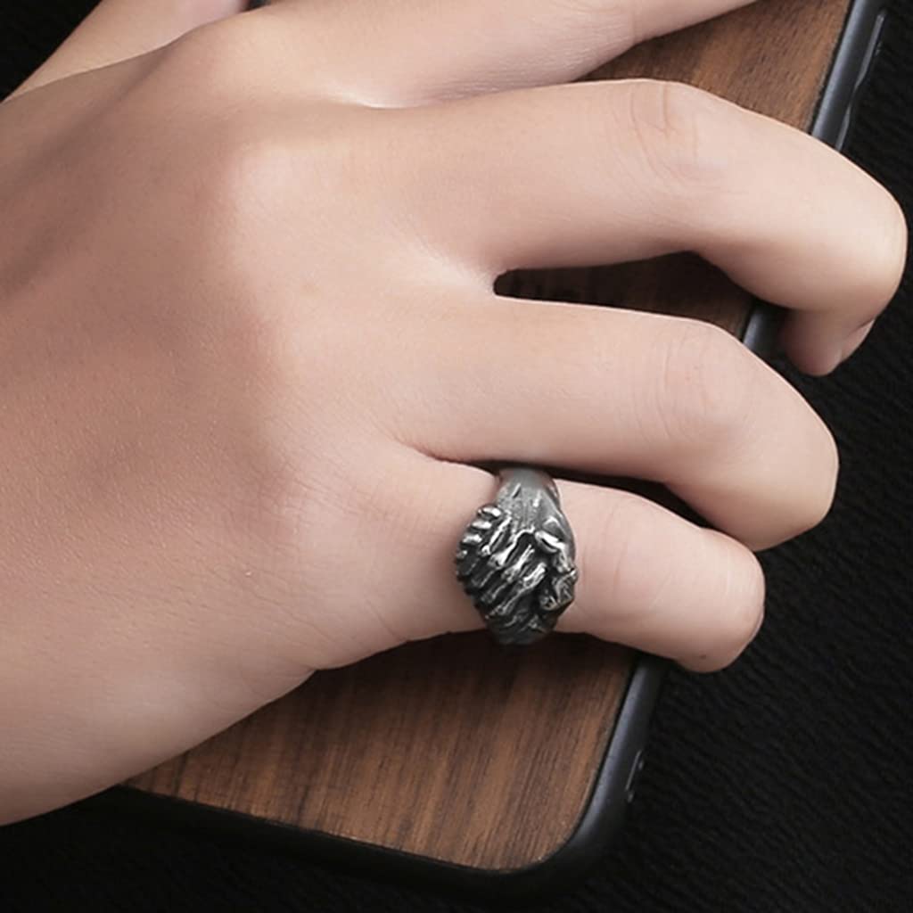 Retro Vintage Stainless Steel Hand Shaking Promise Statement Biker Cocktail Party Ring (Grey, 11)