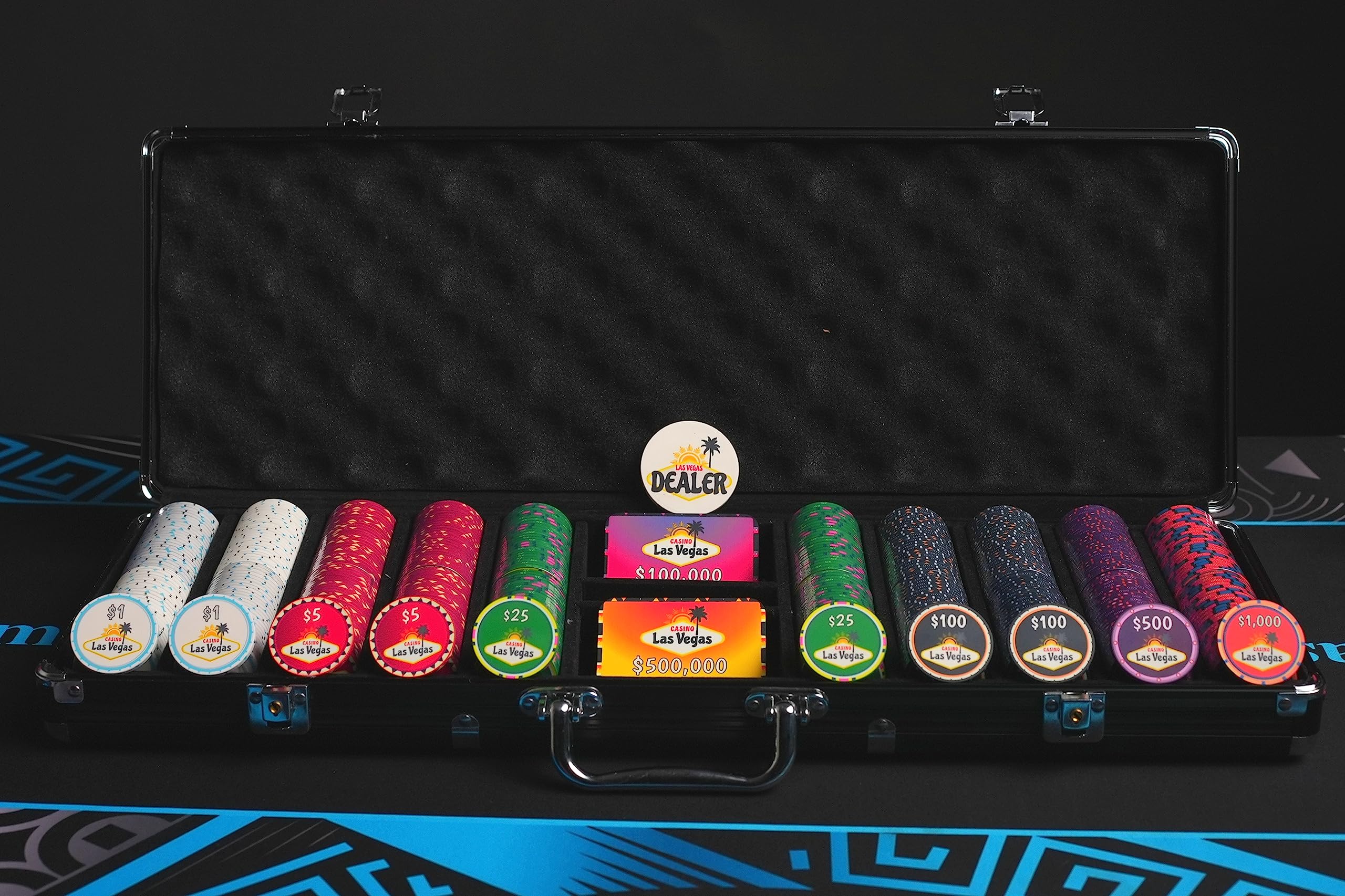 Vegas Chip Ceramic Poker Chip Set for Texas Hold'em - 500-Piece Poker Ceramic Kit, 10-Gram Poker Chips, Durable & Long-Lasting Numbered Casino Chips - Includes Black Aluminum Case