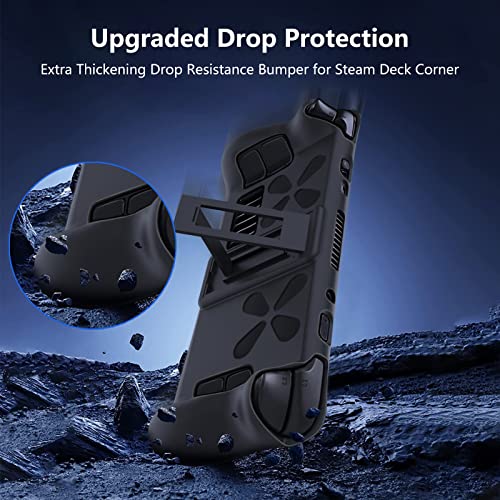 Umido Silicone Kickstand Case for Steam Deck, Protective Cover Set Includes Clear Screen Protector, Embedded Kick Stand, Thumb Grips Cap for Steam Deck (Black)