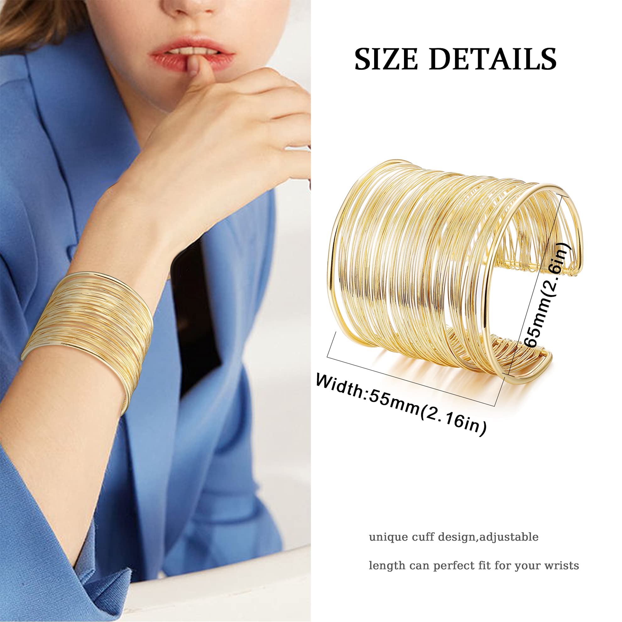 SAILIMUE 6 Pcs Cuff Bangle Bracelet for Women Gold Cuff Bracelets Open Wide Wire Bracelets Adjustable Sliver Gold-Tone Wrist Cuff Wrap Bracelet