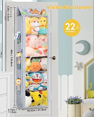 Over the Door Stuffed Animal Storage, Yarn Organizer with Zipper, 4 Adjustable Partitions Hanging Storage Dustproof Design for Nursery, Bedroom, Bathroom, Kids Room (One Only)