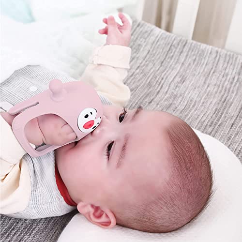 Wearable Penguin Teether, Never Drop Silicone Baby Teething Toy for Infants, Chew Toys for Sucking Needs, Hand Pacifier for Breast Feeding Babies, Car Seat Toy for New Born (Pink)