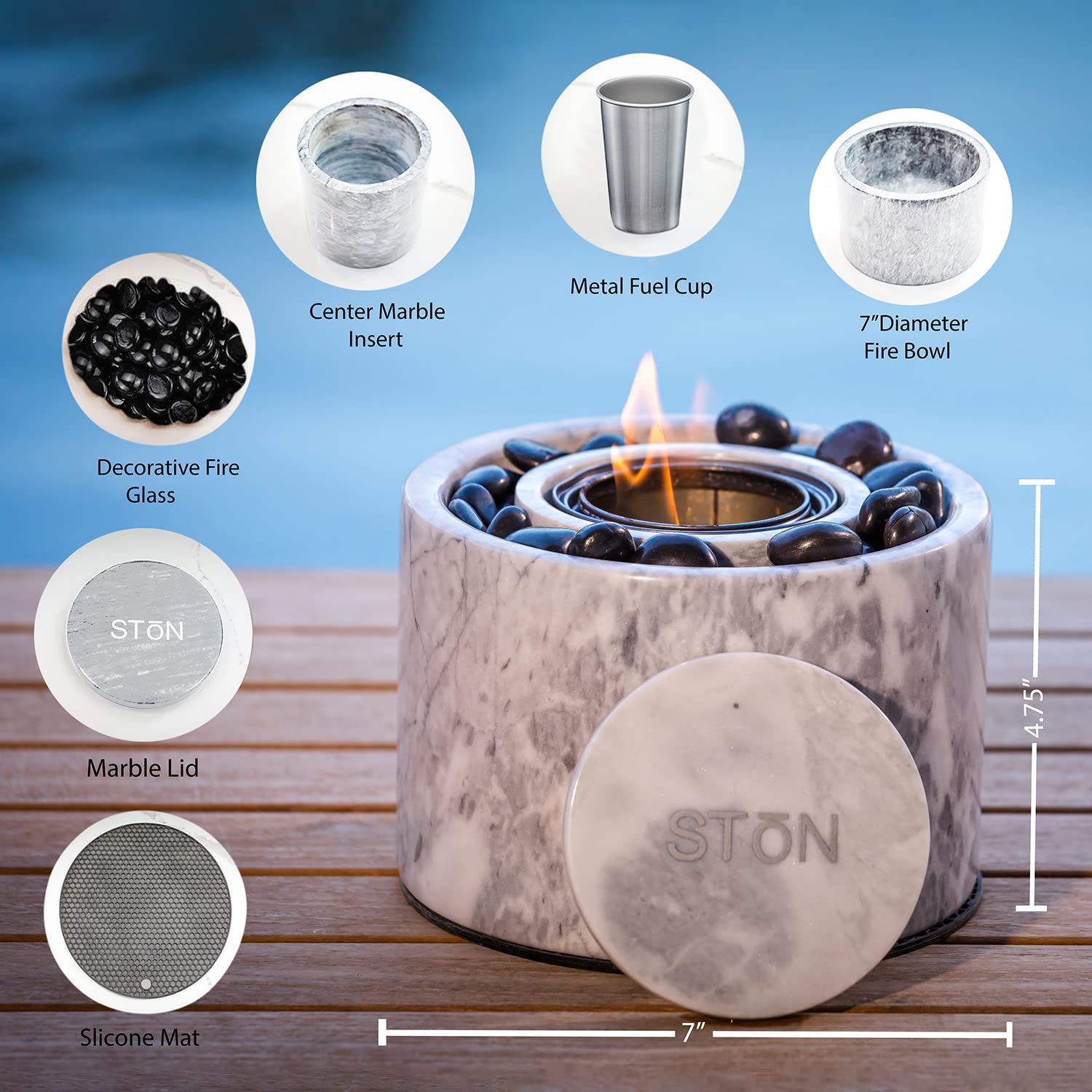 Stonhome Tabletop Fire Pit Bowl - The Original Marble Portable Fireplace, Indoor Outdoor, Mini Fire Pit Clean Burning Real Flame for Patio Balcony, S’Mores Maker (White)