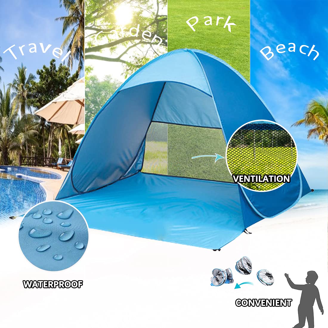 Pop Up 2-3 Person Portable Beach Tent, UPF 50+ Sun Shelter Tent Umbrella Baby Canopy with Carry Bag