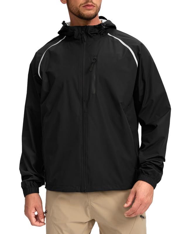 Men's Cycling Rain Jackets Waterproof Running Windbreaker Hooded Reflective Bike Hiking Biking Windproof Bicycle Riding(Black,XL)