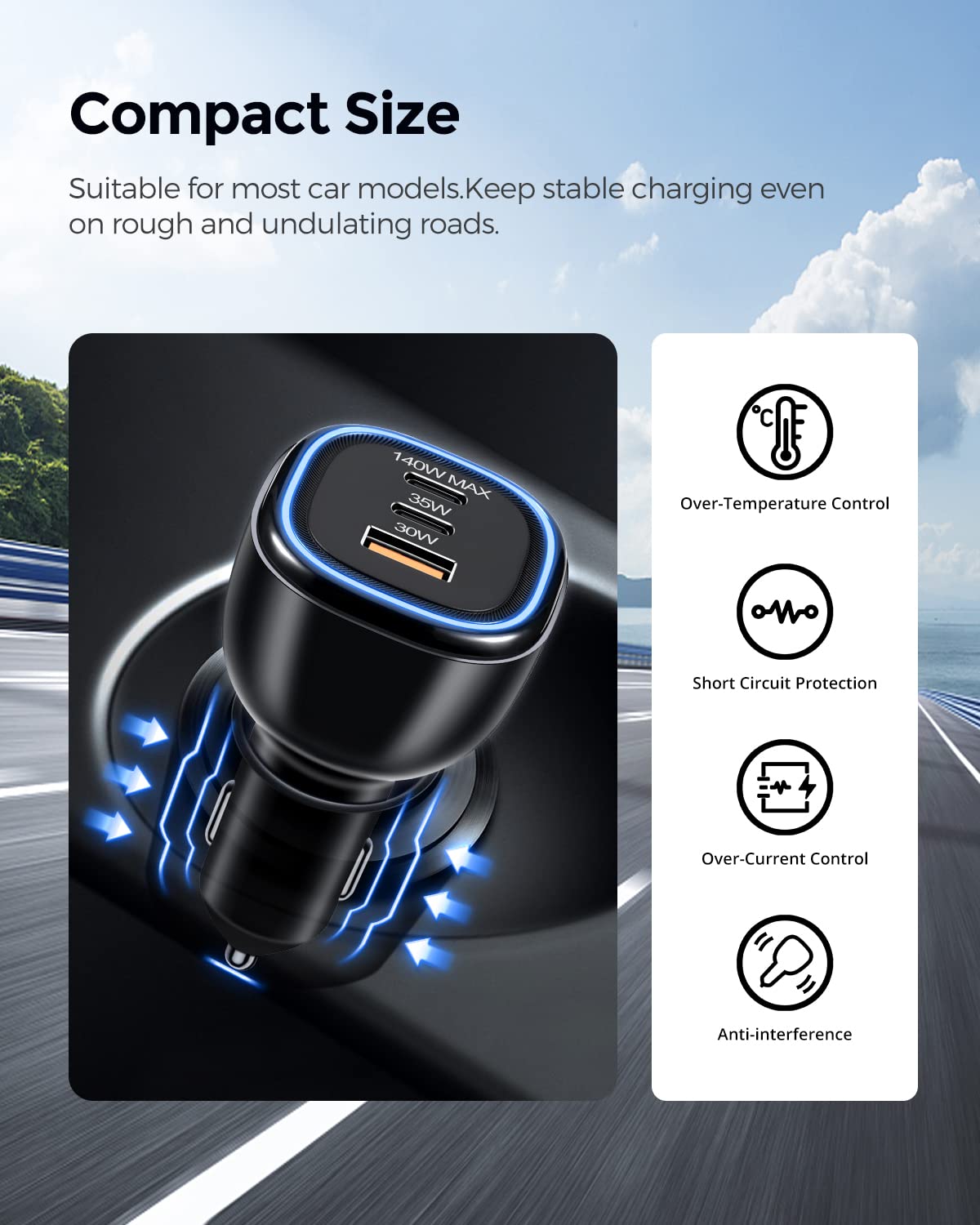 OTAO 165W USB C Car Charger,3 Ports Fast Charge Adapter PD3.1 140W PPS 45W+PD 35W PPS 25W+USB 30W Type-C Car Phone Charger for iPhone15 14 13 12 Pro Max Plus,Samsung,iPad MacBook Pro Air Laptop