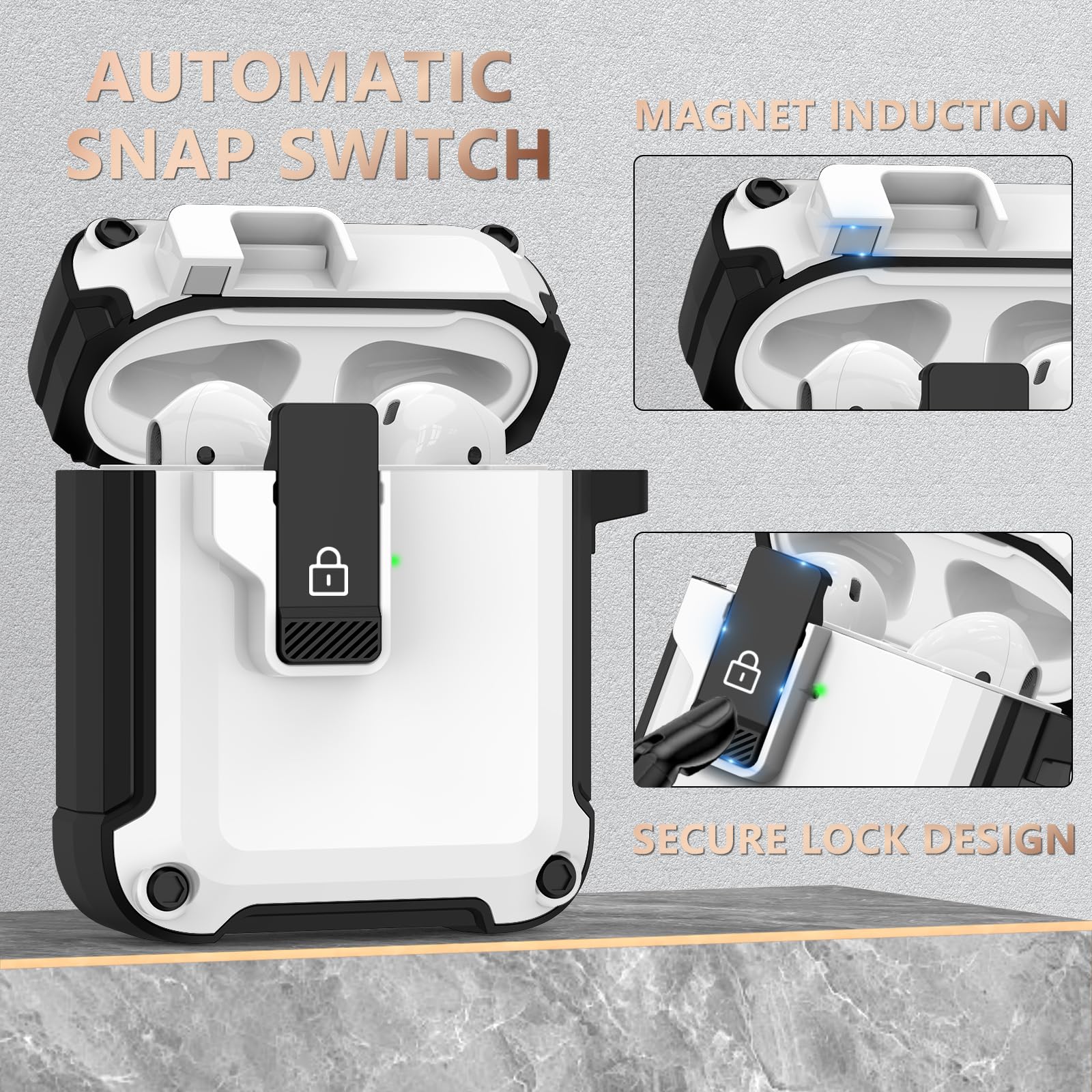 Polislime AirPods 2 Case Cover, with Cleaner kit & Wrist Lanyard, Secure Lock Clip Protection,Automatic Snap Switch Design Case for Apple Airpod Case 2nd &1st Generation-White