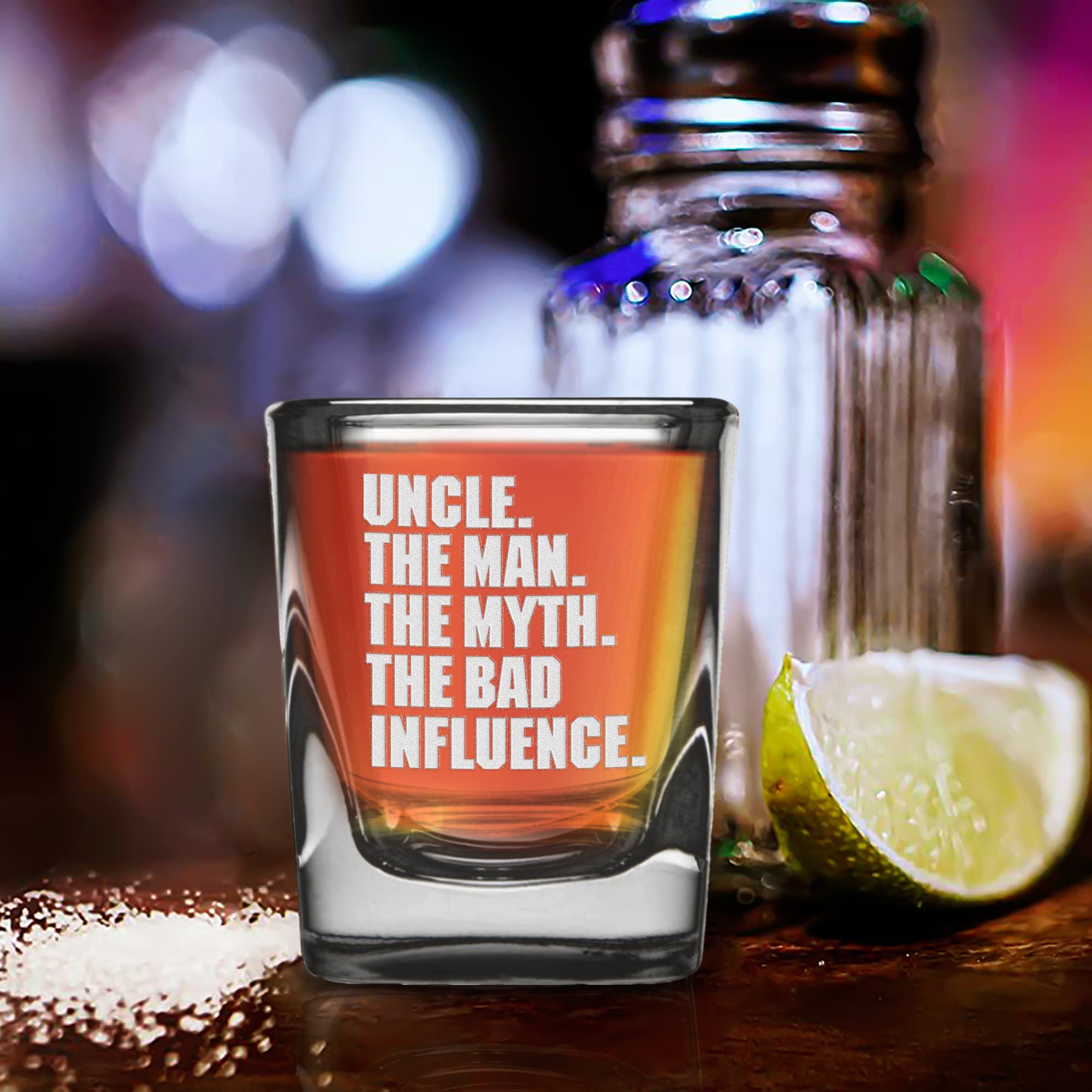 shop4ever Uncle The Man The Myth The Bad Influence Engraved Square Heavy Base Shot Glass 2 oz. Shooter with Gift Box