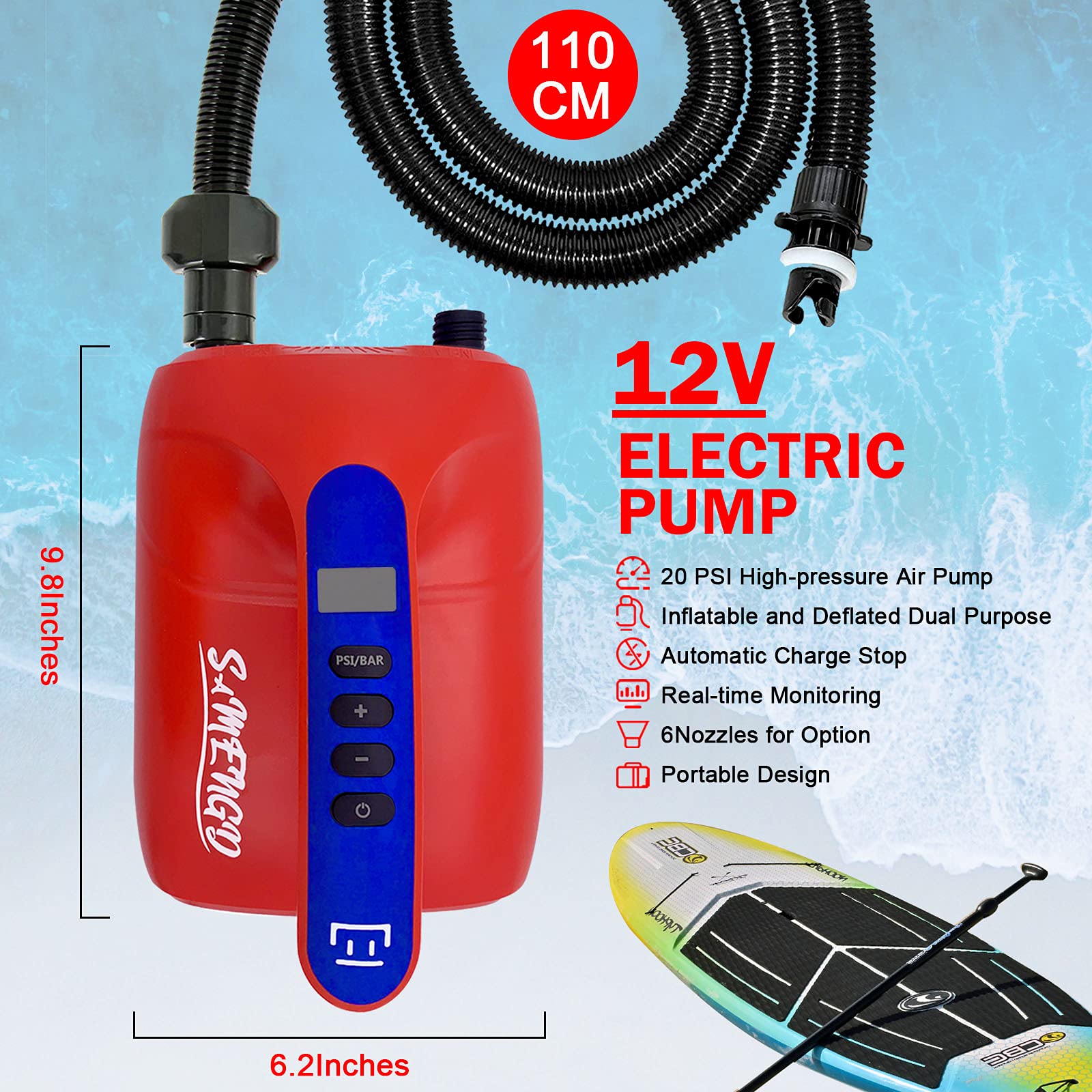 Rechargeable Electric SUP Paddle Board Pump - 16PSI Rechargeable SUP Pump 12V Stand Up Paddle Board Electric Pump Inflator/Deflator - Portable Air Compressor for SUP, Boat, Pool Inflatables