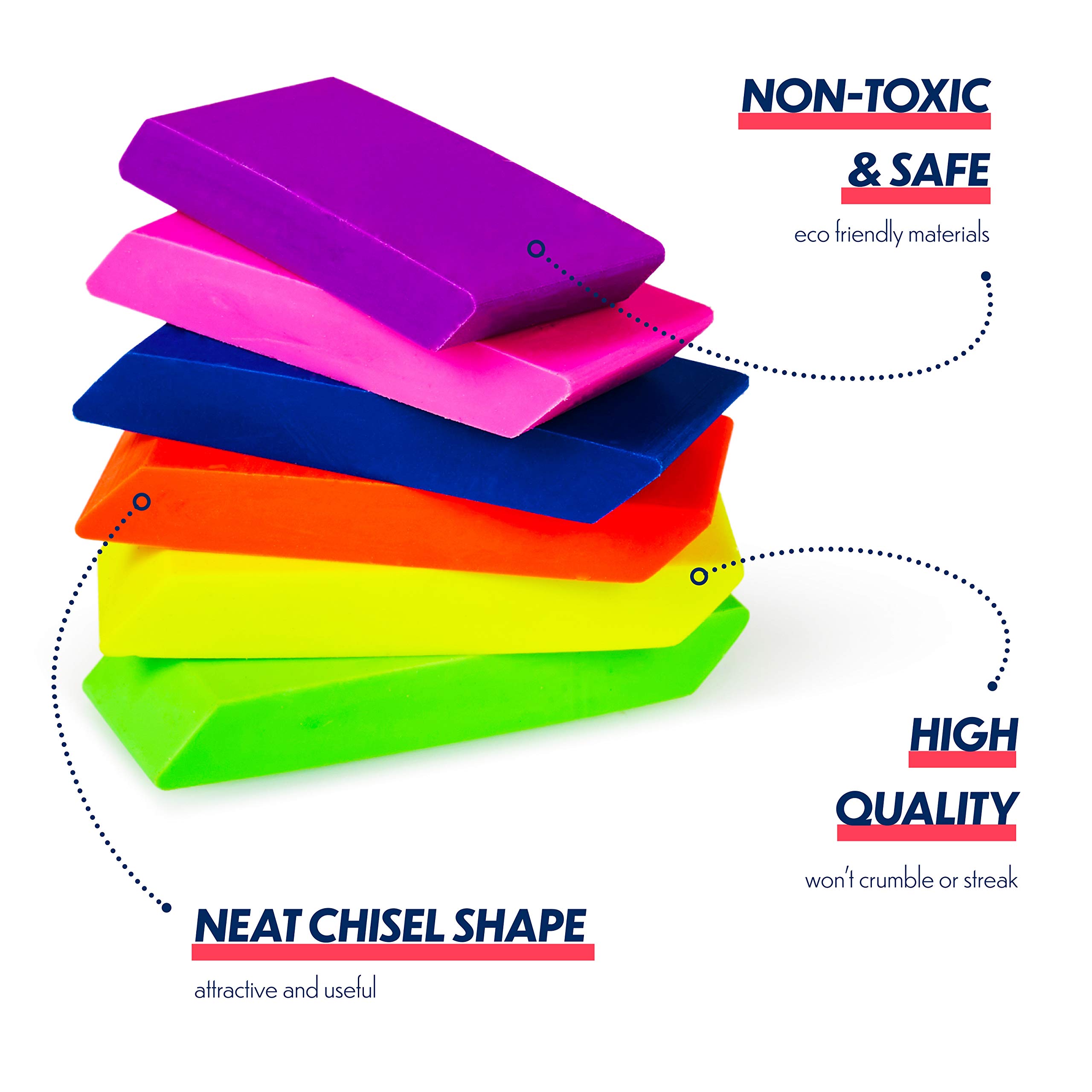 Neliblu Incredible Value Premium Pencils Erasers Bright Neon Chiseled Big Erasers - Pencils Bulk Erasers for Kids Pack of 48 Cool Erasers Pack for Kids