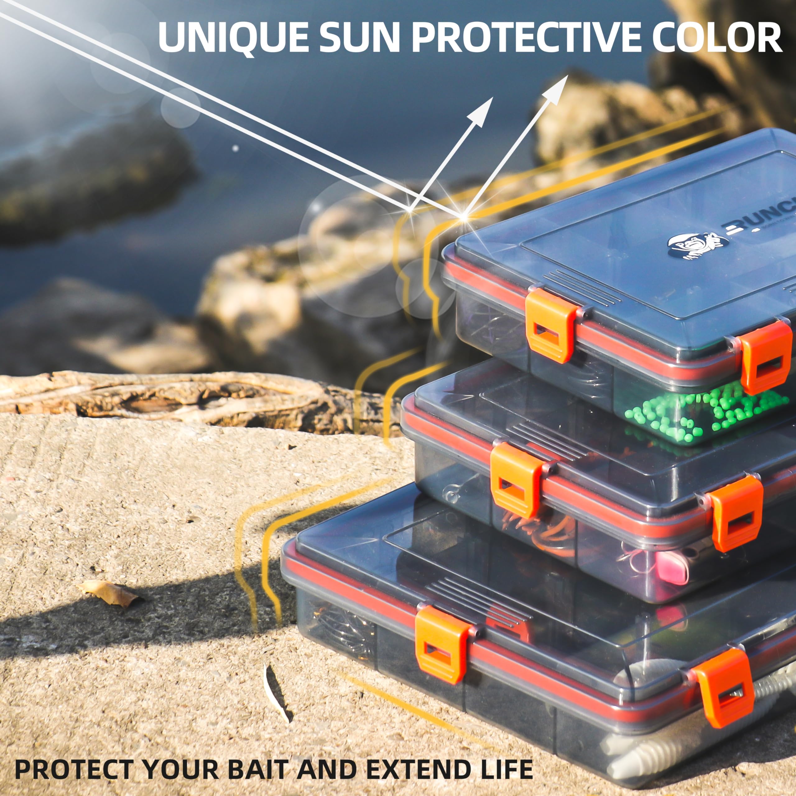 RUNCL Fishing Tackle Box, Waterproof Airtight Stowaway, 3600/3700 Tray Tackle Box with Adjustable Dividers, Plastic Storage Organizer(3700 and 2pcs smaller 3600)