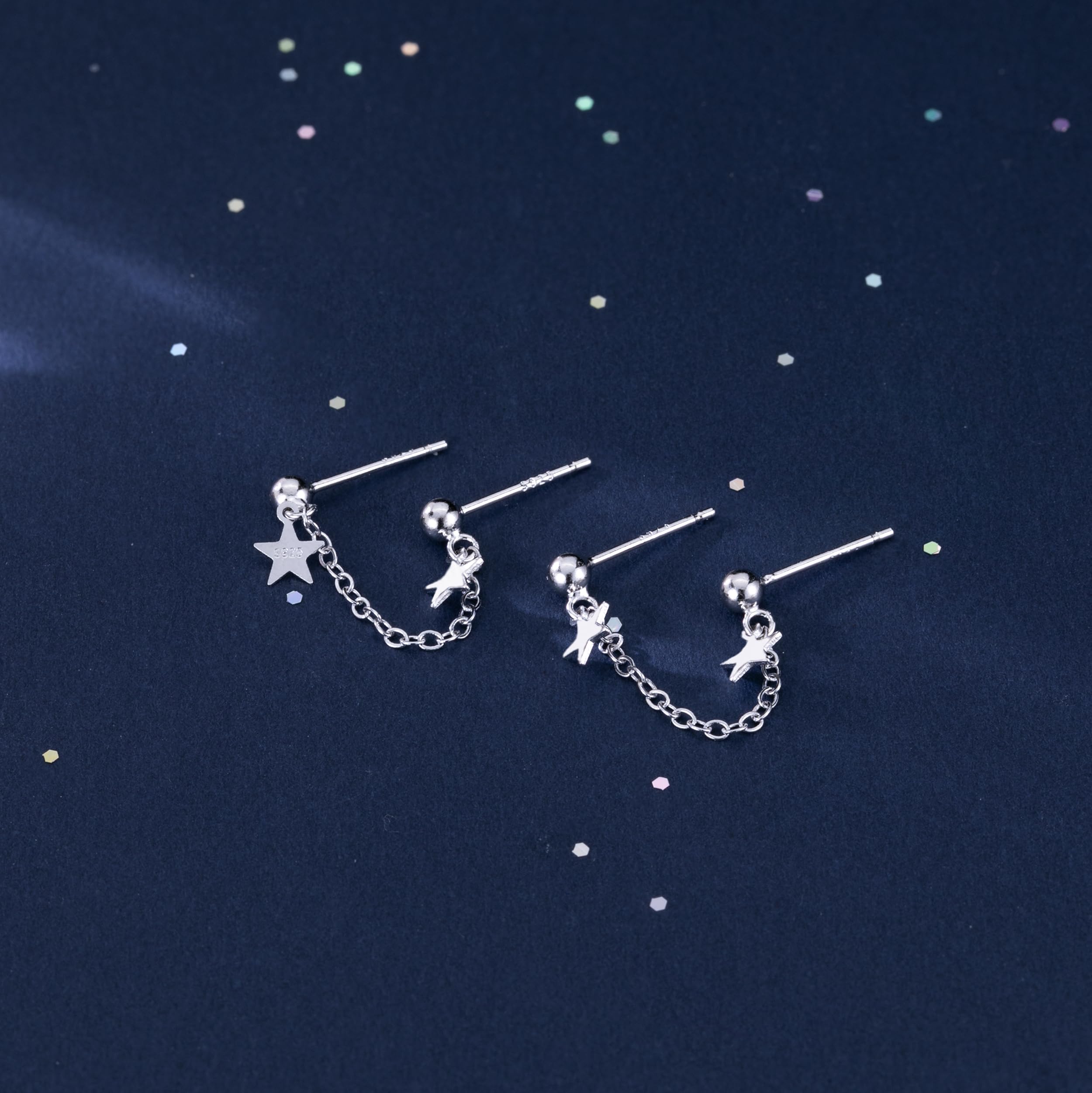 Reffeer 925 Sterling Silver Two Piercing Cute Ball Star Stud Chain Earrings Climber Ball Star Cuff Earrings Helix for Women Teen (Silver)