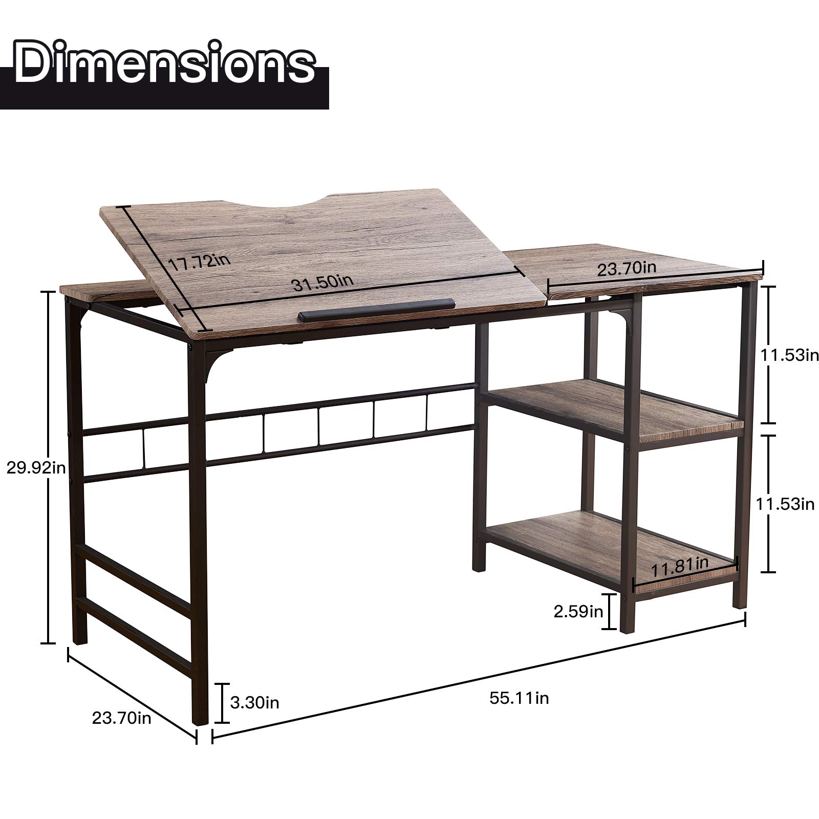 OIAHOMY Home Office Desk 55” Computer Desk, Large Draft Drawing Table with 2-Tier Shelf Multifunctional Study Writing Table, Tiltable PC Laptop Desk Workstation Modern Art Craft Desk -Grey Oak