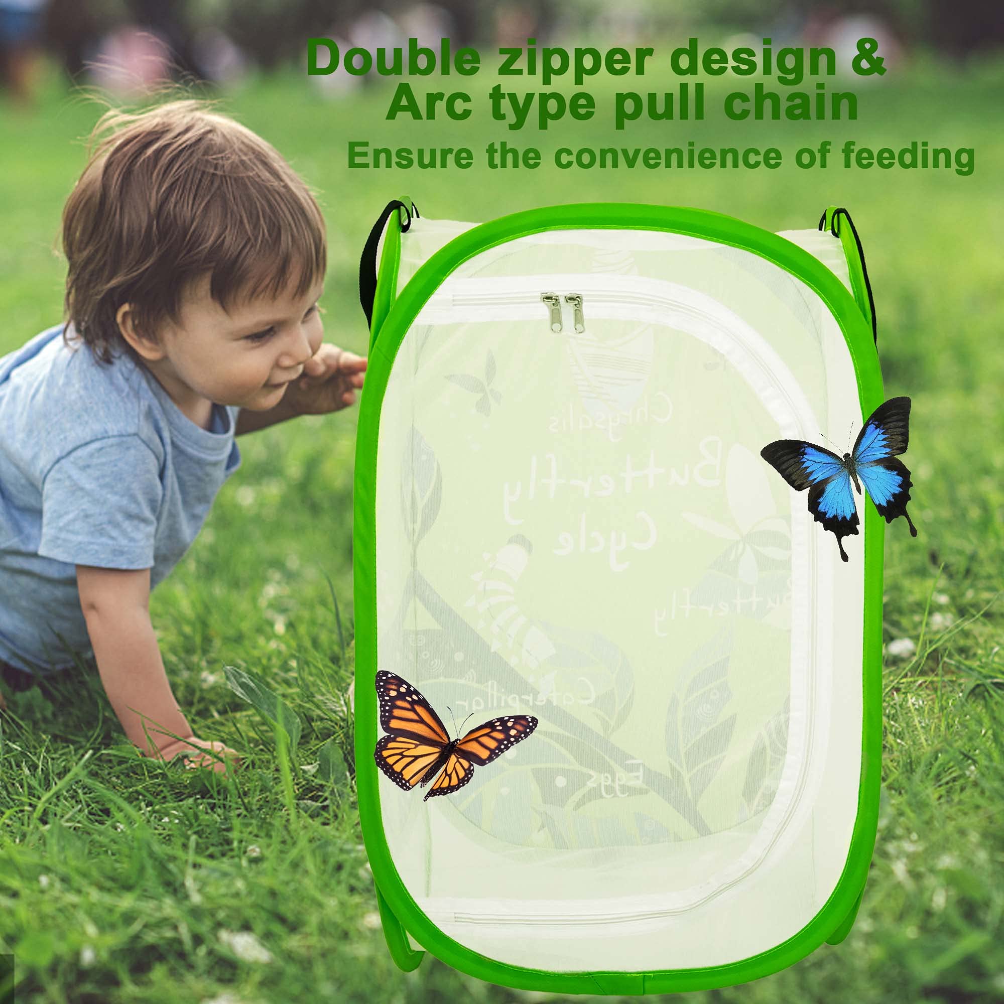 Pop-up Insect and Butterfly Habitat,24" Tall Milkweed plants Net,Collapsible Mesh Cage with Transparent PVC Wall for Observation 16 x 16 x 24 Inches