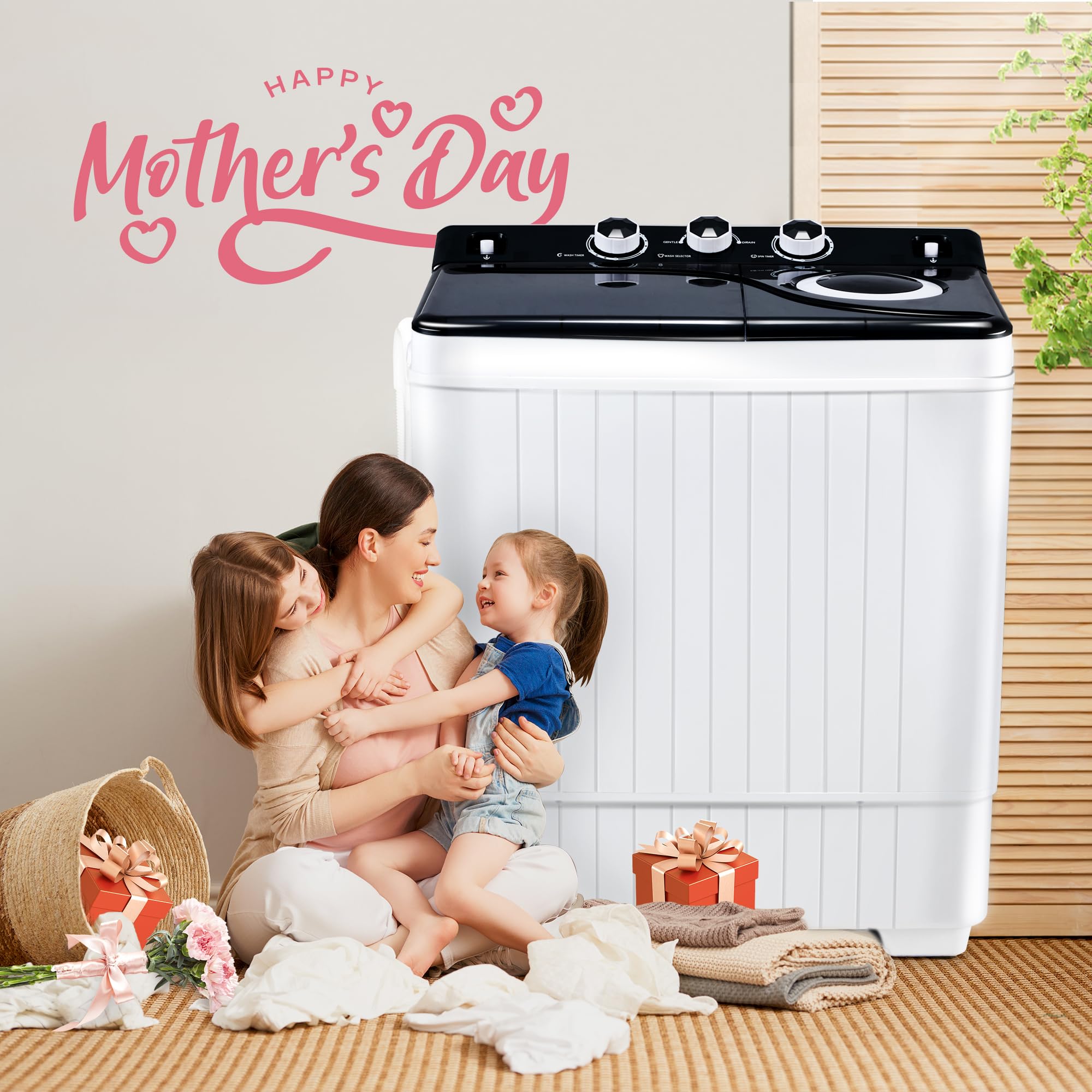 Portable Washing machine 26Lbs Capacity Washer and Dryer Combo Compact Twin Tub Laundry Washer(18Lbs) & Spinner(8Lbs) with Built-in Gravity Drain for Apartment,Dorms,RV Camping, BLACK