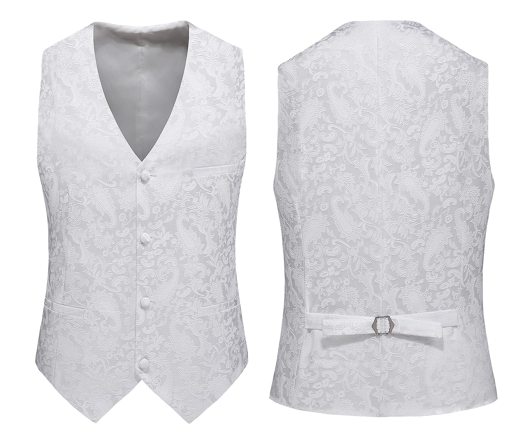 MOGU Mens 3 Piece Tuxedo Slim Fit Jacquard Floral Vintage Groomsmen Wedding Prom Suit Blazre 34 / Pants 31 White