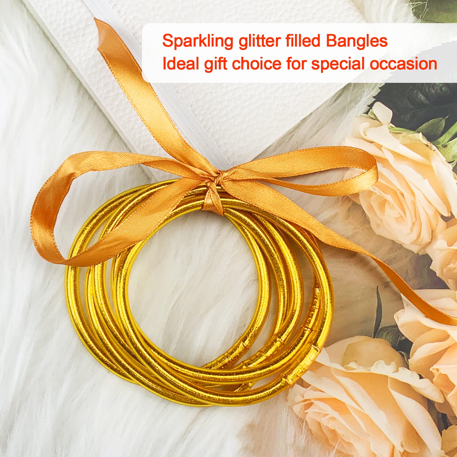 YBMYCM 5PCS Glitter Jelly Bangles Bracelets Set for Women Glitter Filled Jelly Silicone Bracelets
