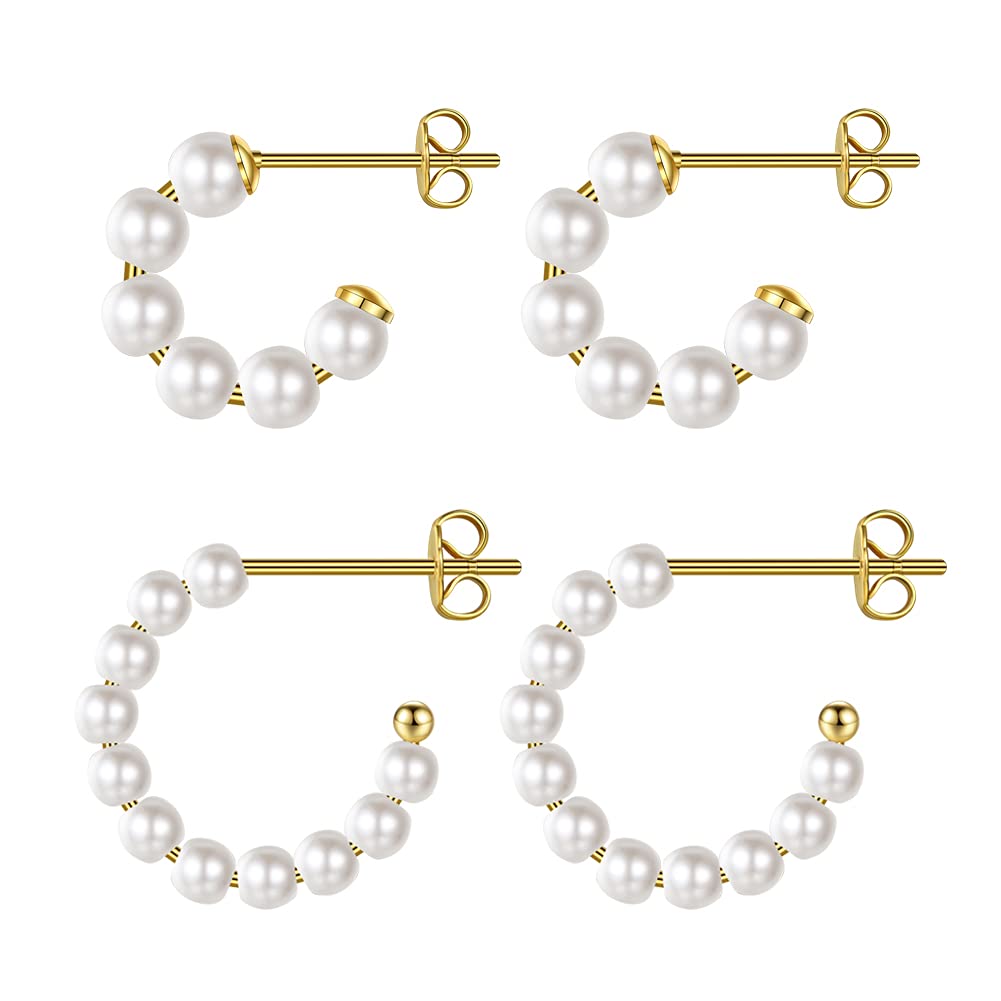 Small Pearl Hoop Earrings for Women 2 Pairs, Lightweight Pearl Hoops Jewelry