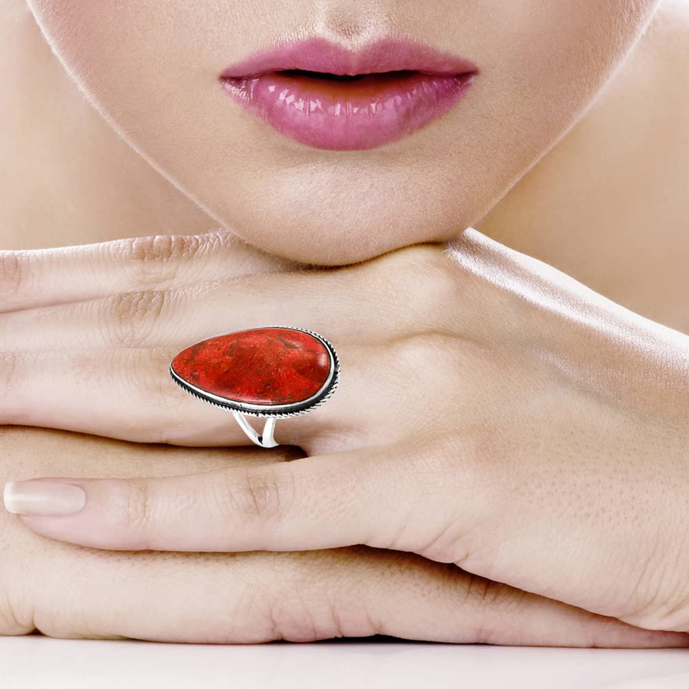 Spiny Oyster & Turquoise Ring in Sterling Silver 925 Genuine Gemstones (Rainbow Spiny Turquoise, 9)