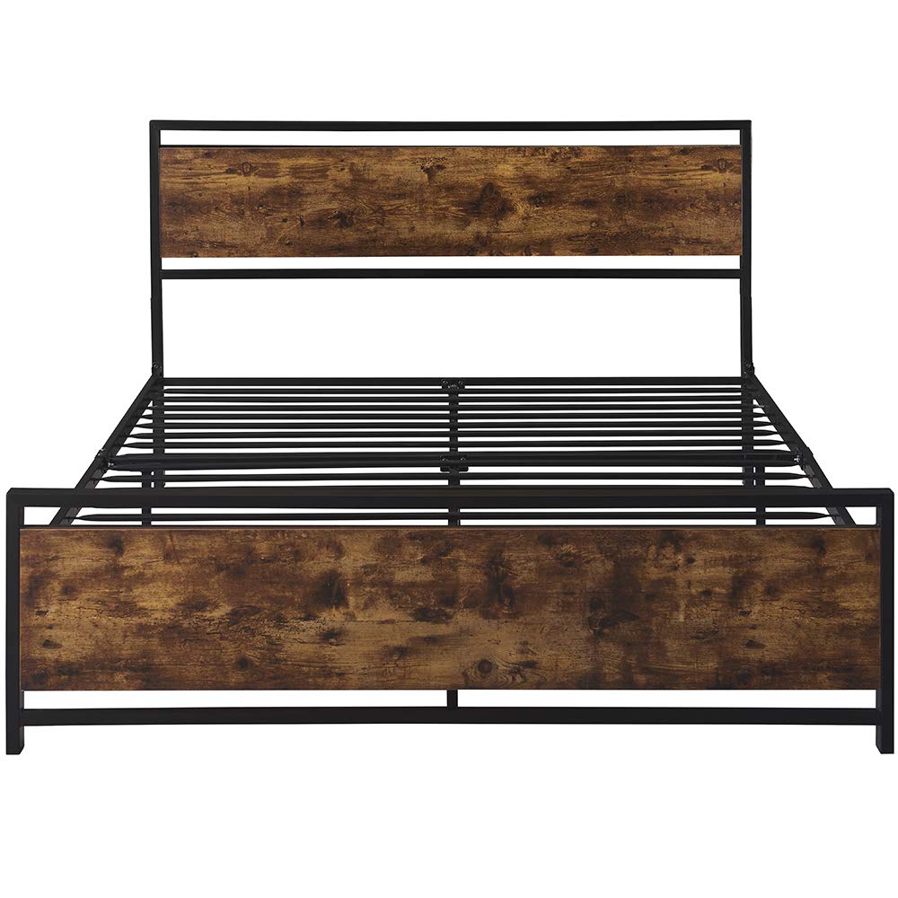 MegaChunk Queen Size Metal Platform Bed Frame with Wooden Headboard and Footboard, Black, No Box Spring Needed, Large Under-Bed Storage, Easy to Assemble