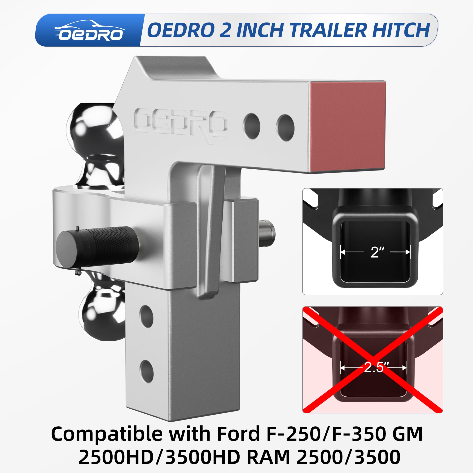 OEDRO Adjustable Trailer Hitch, 6 Inch Drop Hitch Ball Mount Fits 2 Inch Receiver, Forged Aluminum Towing Hitch, 2" & 2-5/16" Tow Balls with Double Pin Key Locks, 14,500lbs.