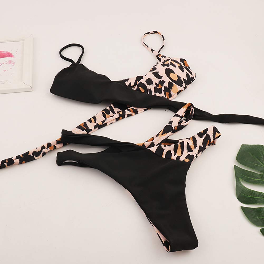 meioro Bikini Set Women Swimsuit High Waisted Leopard Bathing Suit with Criss Cross Top (Black Leopard, S)