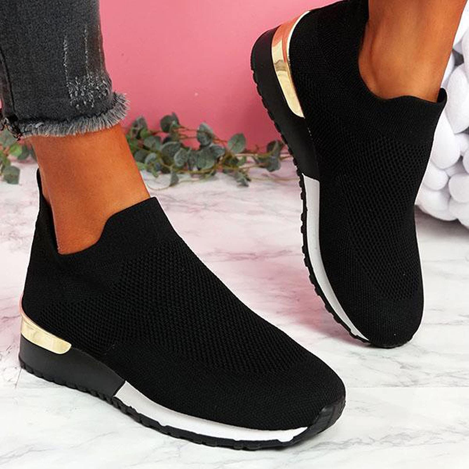 Shoes for Women Slip On Mesh Rubber Walking Trainers Running Sneakers Casual Comfort Soft Sole Running Exercise Shoes Black