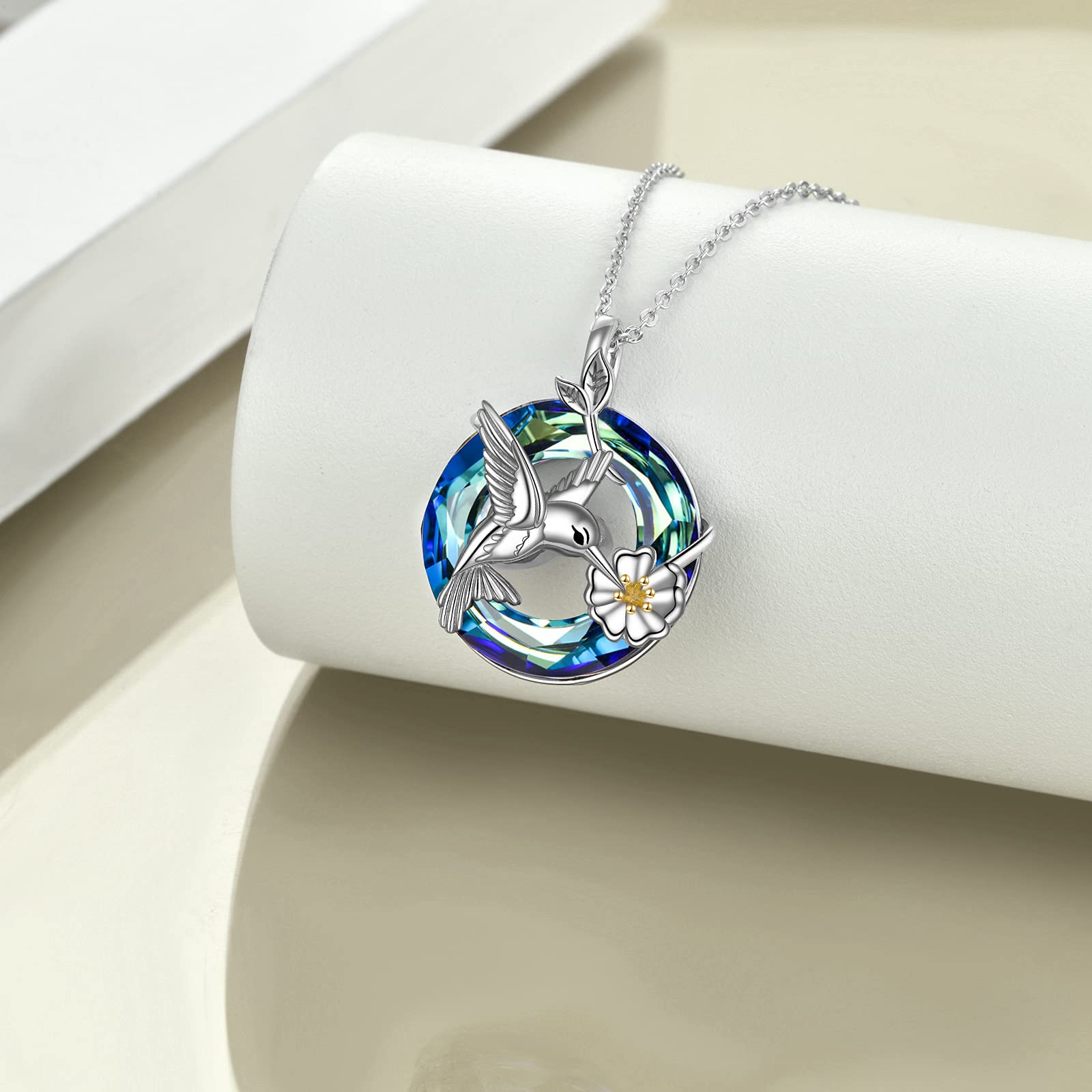 POPLYKE Hummingbird Urn Necklace for Women Ashes Sterling Silver Bird Pendant Cremation Ashes Necklace with Blue Crystal for Human Pets (blue)