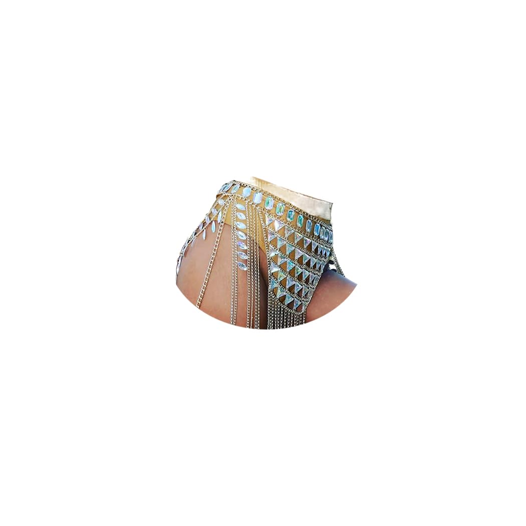 Salliy Rhinestone Body Chains Skirt Silver Sexy Belly Chain Dresses Festival Outfits Summer Body Bottom Jewelry for Women(Only Skirt)