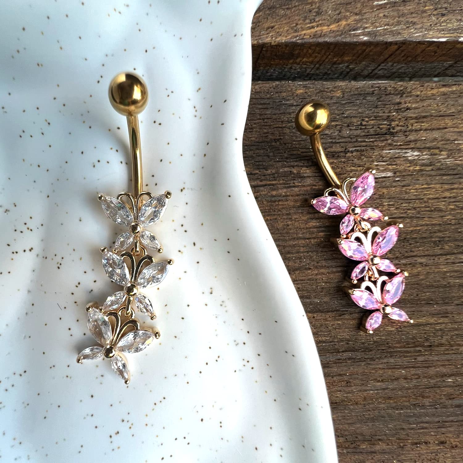 Pierce2GO 3 Butterflies Dangle Belly Button Ring - 14G Anodized Gold Surgical Steel Butterfly Belly Button Ring with Cubic Zirconia Stones - Belly Button Rings Piercing for Women β 7/16β (Gold, Pink)