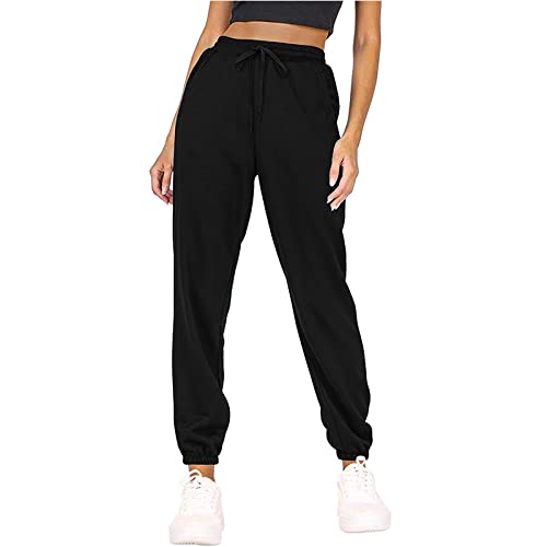 Rain core Women's Drawstring Closure Solid Color Casual Sports Pants (Medium, Black)