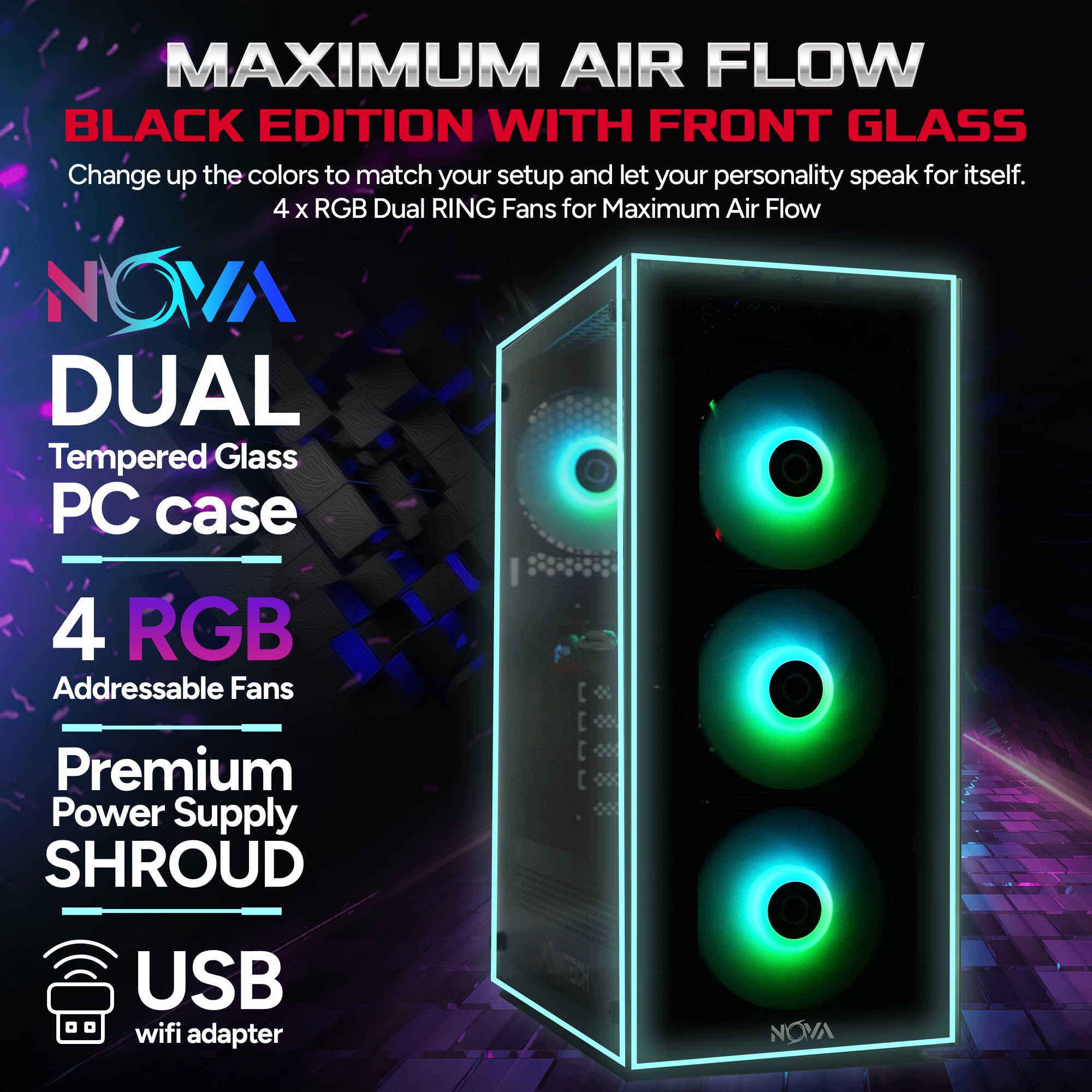 NOVATECH Gaming Desktop PC,Intel Core i5 3.3-3.7 GHz,MSI Rx 570 4GB GDDR5,16G RAM,512G SSD,WiFi,RGB Fanx4, W10P64, Gaming Desktop Computer