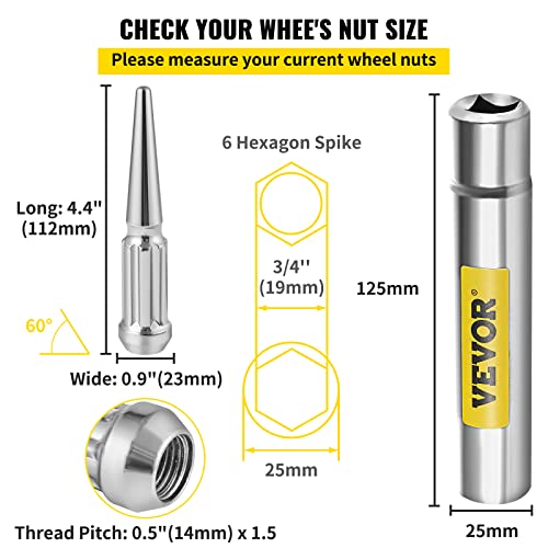 VEVOR M14x1.5 Spike Lug Nuts, 32 PCS Chrome Spiked Lug Nuts 14mmx1.5, 4.4" Tall Closed End Acorn Wheel Lug Nut w/ 1 Socket Key, Compatible with Chevy Silverado 1500 2500 3500, Ford GMC Sierra, Silver