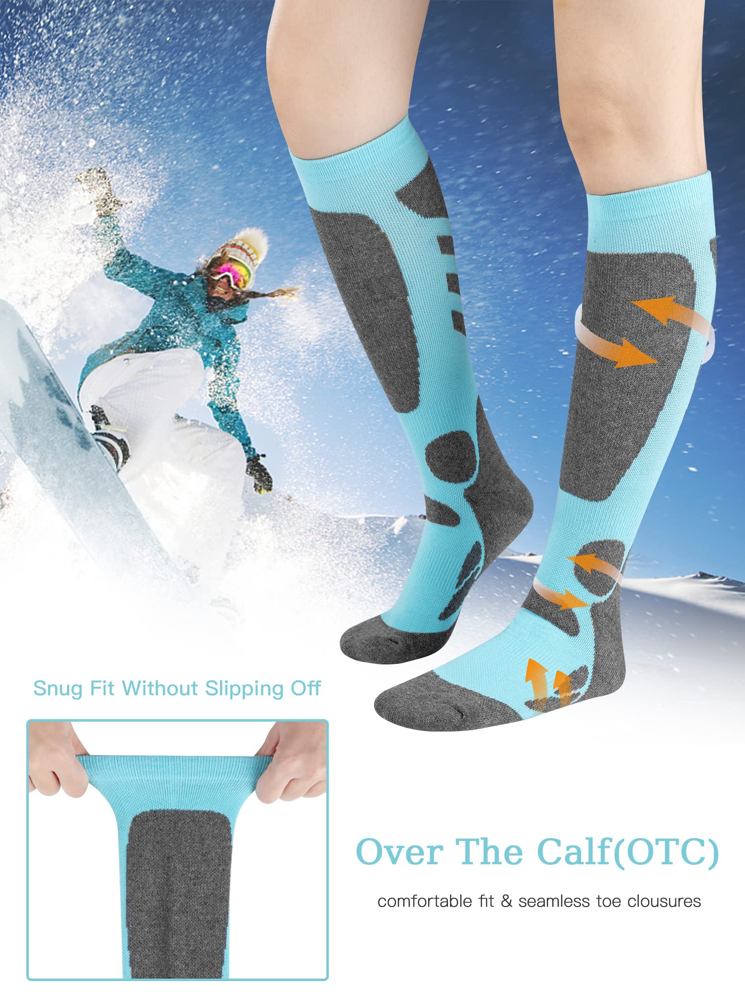 SincereWA Women's Ski Socks for Skiing, Snowboarding, Outdoor Sports,2 Pack, Winter Performance Socks, Pink, blue, 4-10
