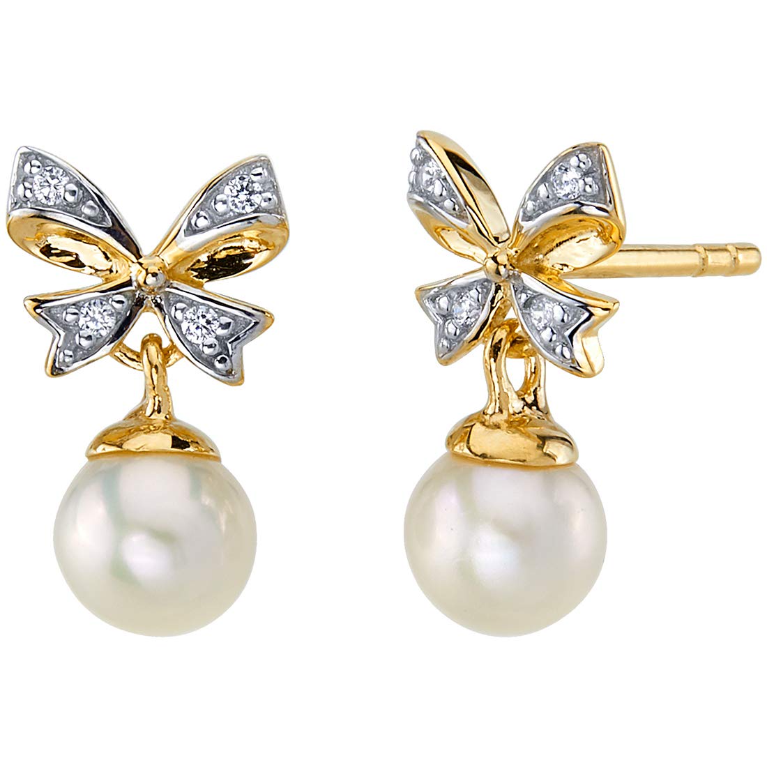 Peora Freshwater Cultured White Pearl Drop Earrings in 14K Yellow Gold, Round Shape, 5mm Pretty Bow Dangle Design, Friction Backs
