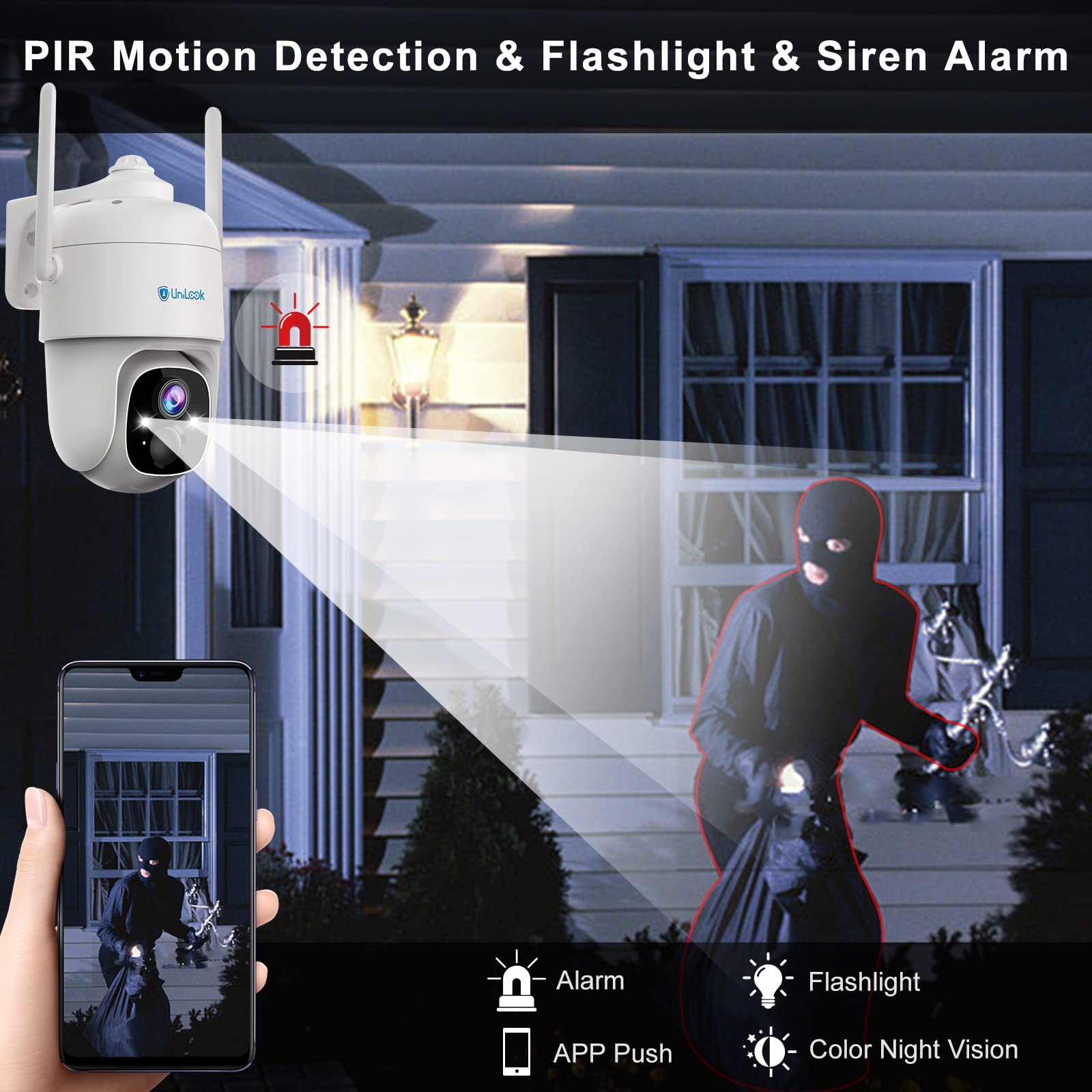 Unilook 2K Solar Wireless Security Camera Outdoor, 3MP Solar Security Cameras Wireless Outdoor Wi-Fi, 360° PTZ Solar Powered Wireless Camera, with Solar Panel & Smart AI & 2-Way Talk, Cloud/SD Storage