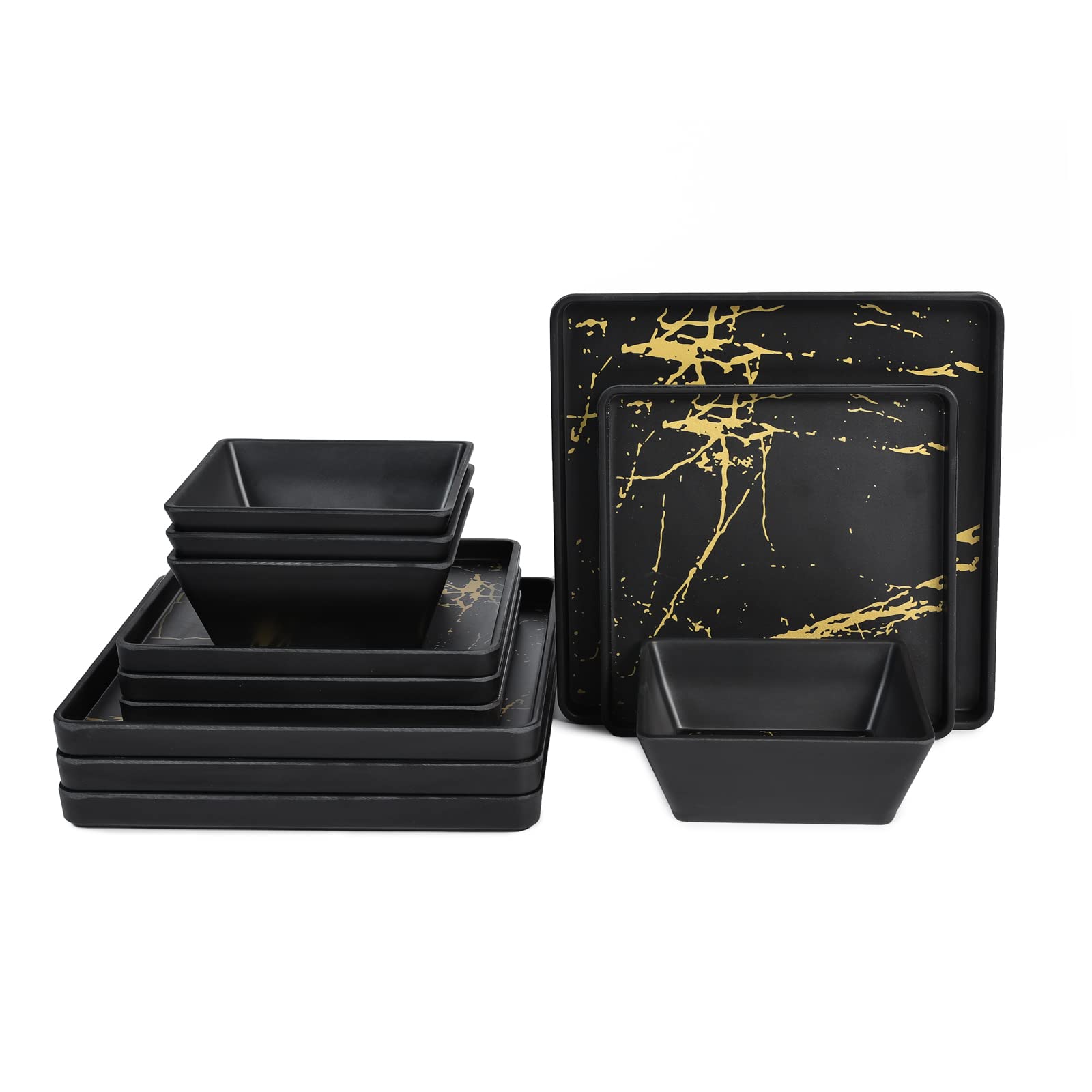 Melamine Dinnerware Sets - 12pcs Square Plates And Bowls Sets For Indoor/Outdoor Use, Dishwasher Safe,Service For 4, Black Gold
