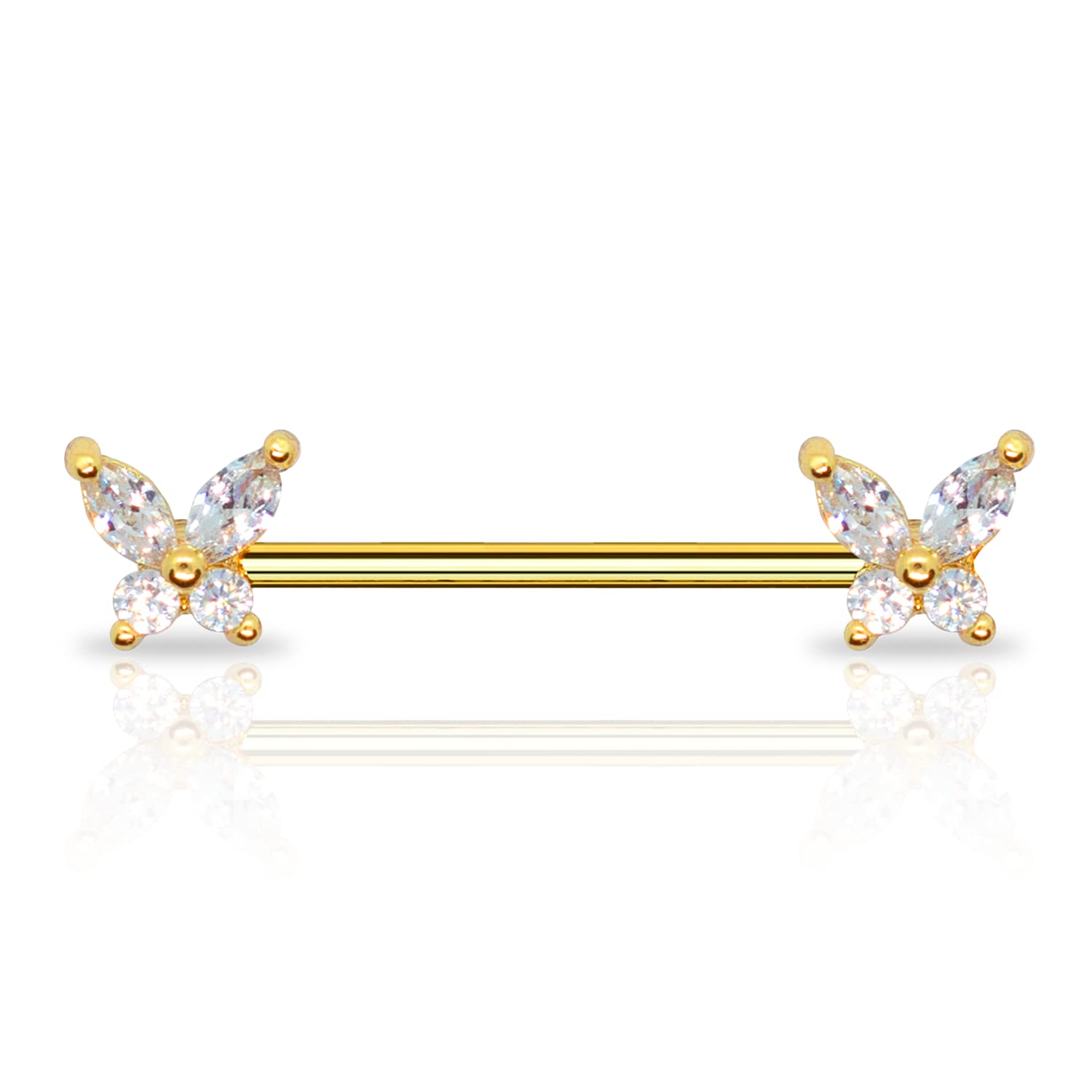 Pierce2GO Pair of Anodized Gold 316L 14G Butterfly Nipple Rings with CZ Stones Piercing Women - 9/16" Barbell