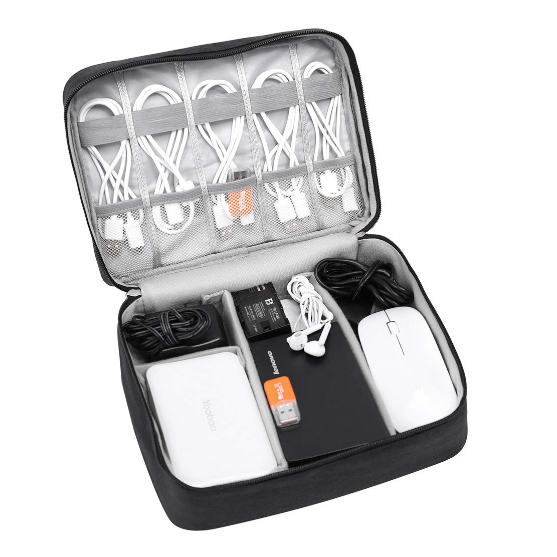 Portable Electronic Organizer Travel Accessories Cable Bag Universal Cord Storage Case Carrying for Charging Cable, Cell Phone, Power Bank,Mini Tablet(Single Layer,Black)