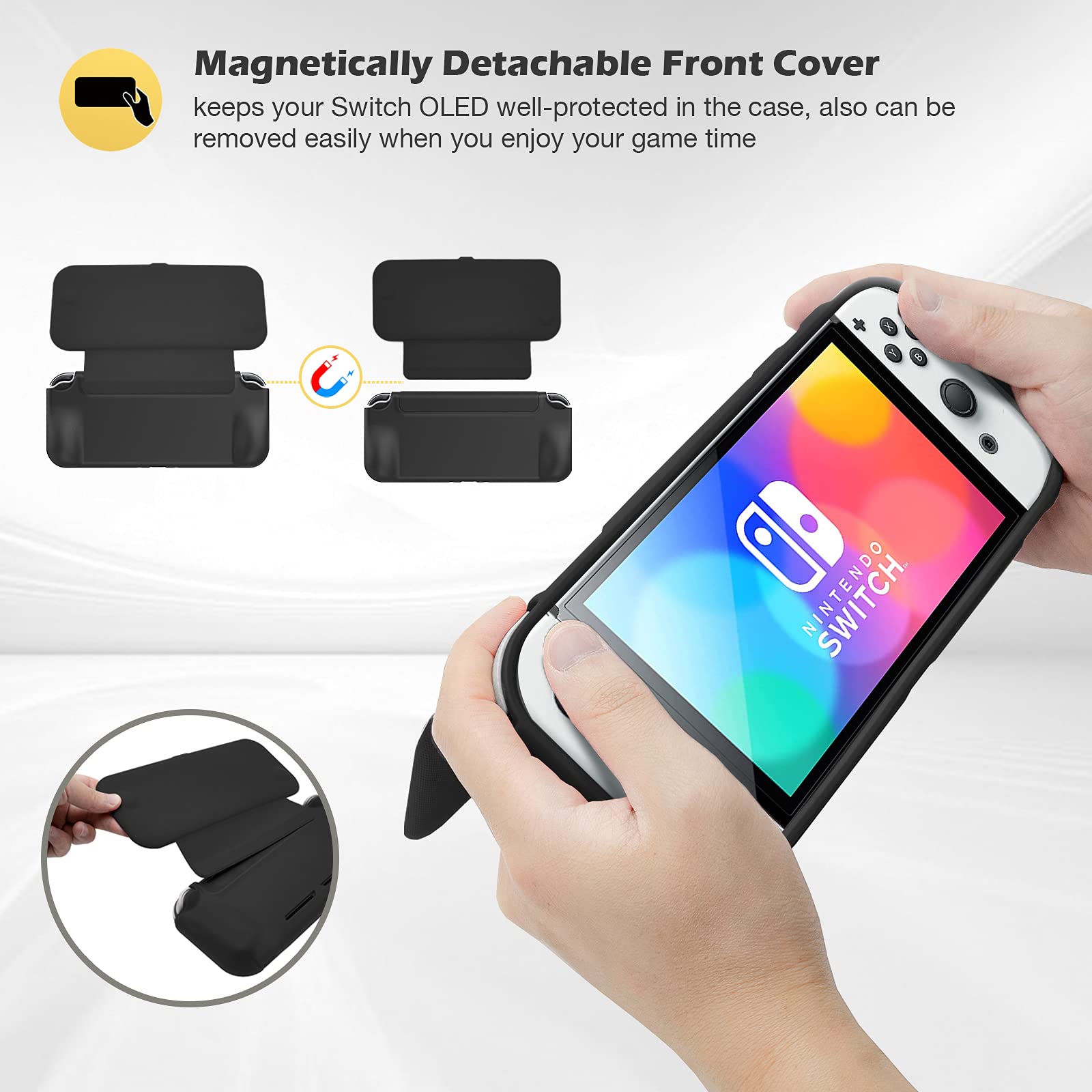 ProCase Flip Cover for Nintendo Switch OLED Model 2021 with 2 Screen Protectors, Switch OLED Protective Case with Magnetically Detachable Front Shell -Black