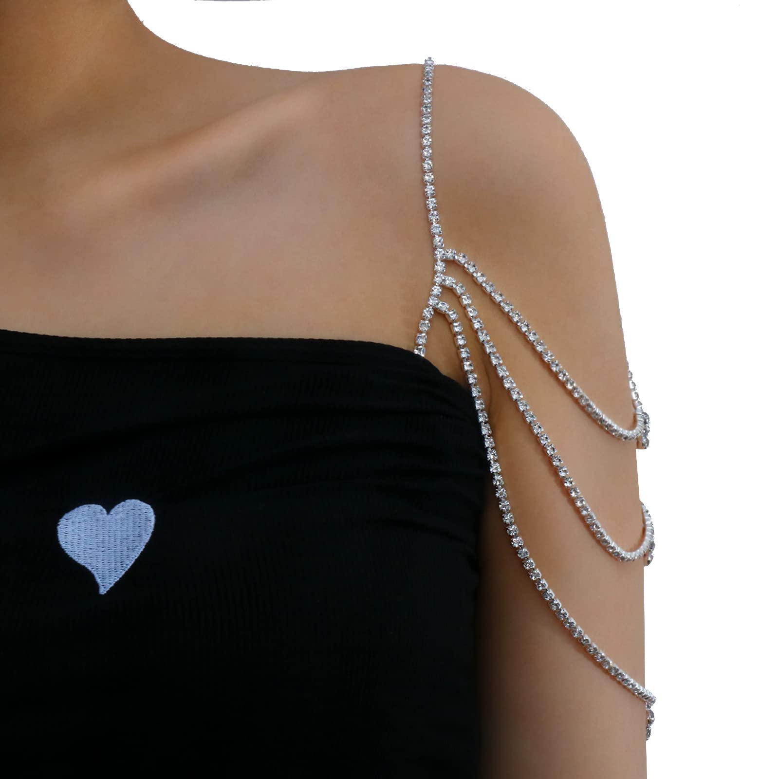 Rhinestone Flower Shoulder Chain Layered Upper Arm Chain Bracelet Bridal Wedding Multilayer Tassel Shoulder Chain Summer Bikini Body Chain for Women (Silver)
