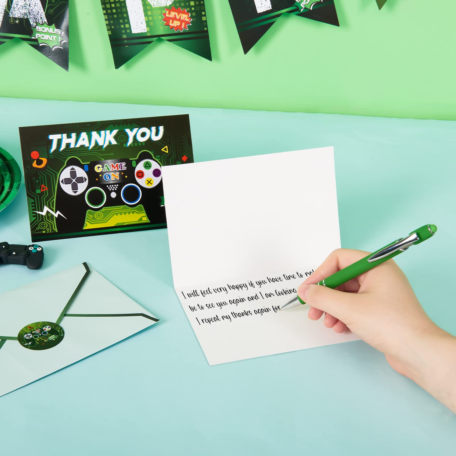 WERNNSAI 24 PCS Thank You Cards Assortment Greeting Cards with Envelopes Stickers Video Game Thank You Cards Fill in Blank Note Cards Gaming Party Supplies for Kids Boys Gaming Theme Birthday Party