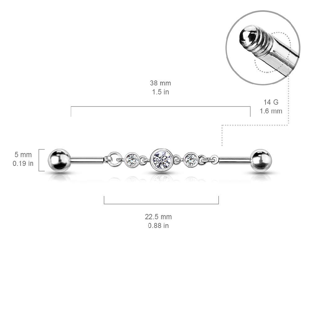 Pierced Owl 14GA Triple CZ Rounds on a Chain 316L Surgical Stainless Steel Industrial Barbell for Cartilage (Gold tone/Clear)