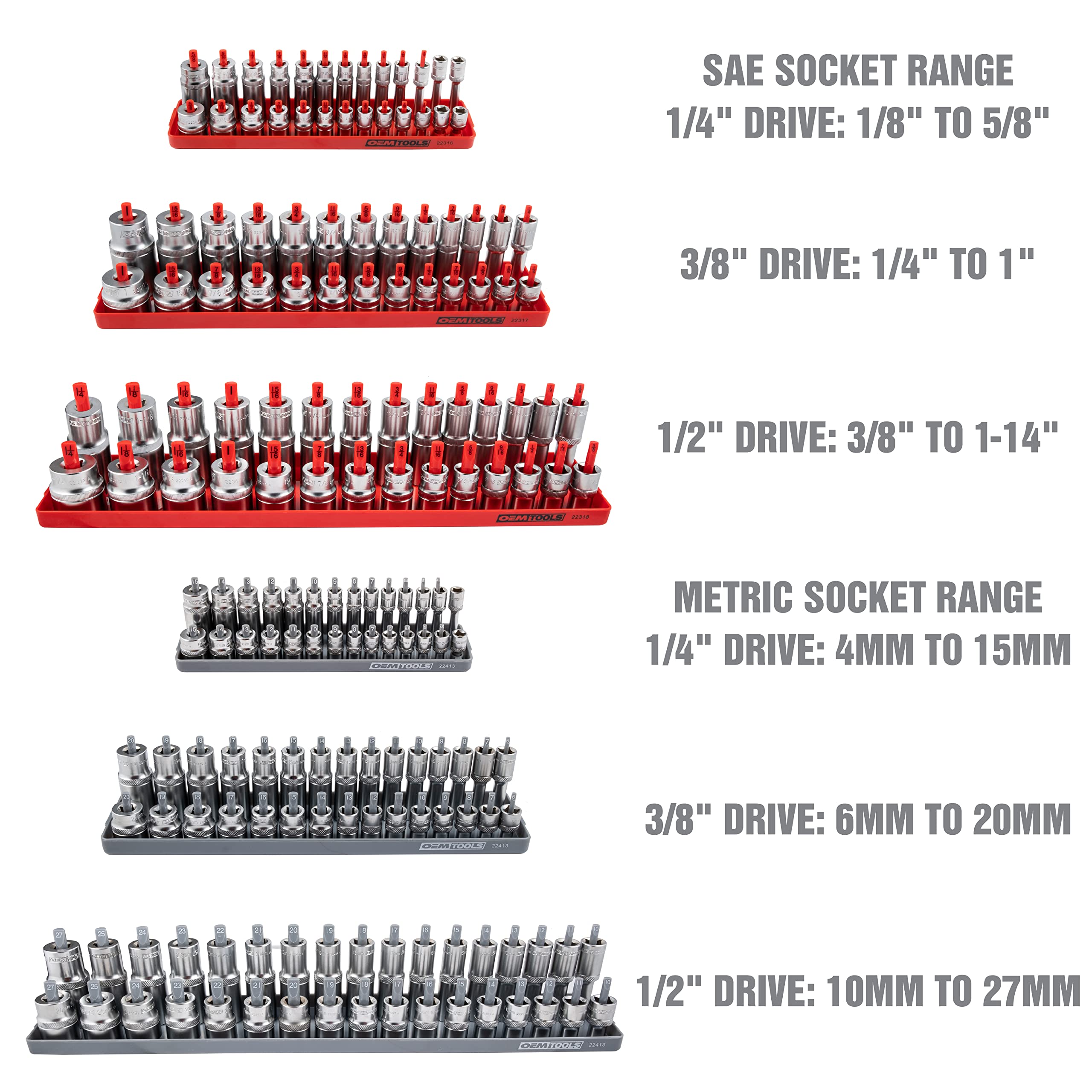 OEMTOOLS 22413 6 Piece SAE and Metric Socket Tray Set, SAE and Metric Socket Storage for Sizes 1/4", 3/8β, and 1/2" Drive, Socket Holders and Socket Organizer Tray for Toolbox, Red/Grey