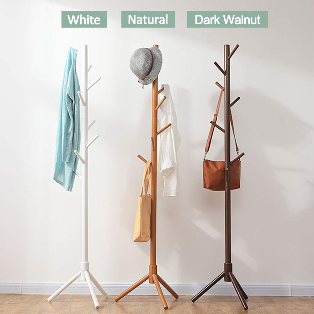 Ollorata High-Grade Wooden Tree Coat Rack Stand, 8 Hooks and 3 Adjustable Heights Entryway Coat Tree Coat Hanger Stand for Home Office, Easy Assembly Coat Rack Freestanding, Bold Natural